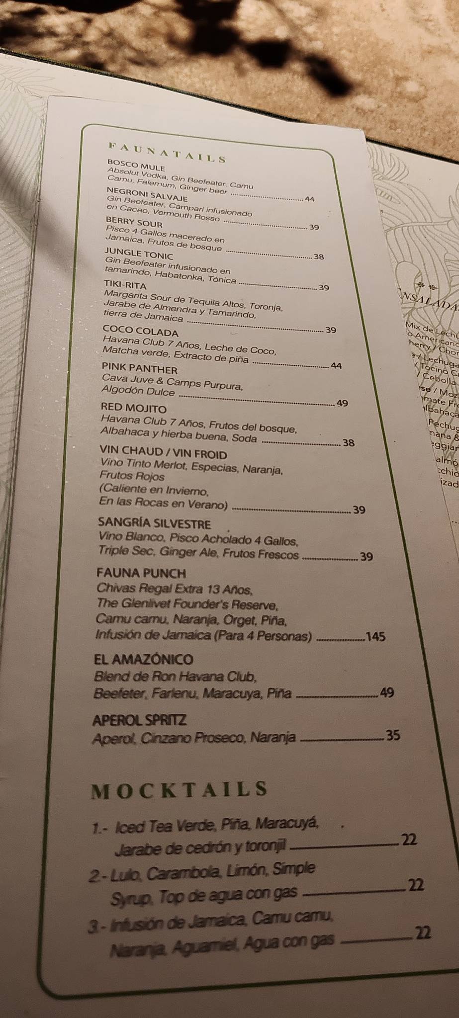 Carta de Fauna Restaurante, Santiago de Surco