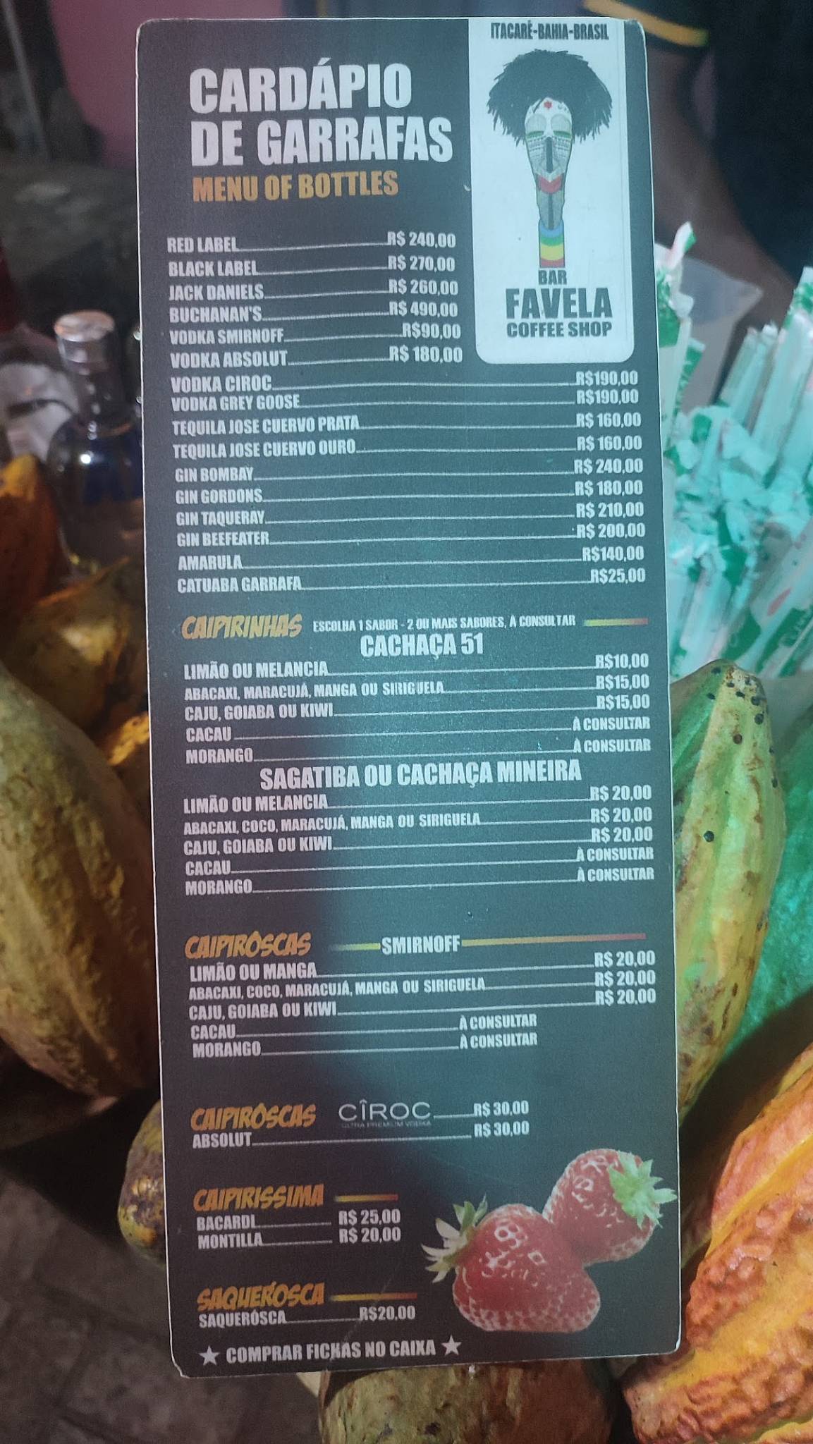 Menu at Favela Coffee Shop pub & bar, Itacaré, R. Pedro Longo