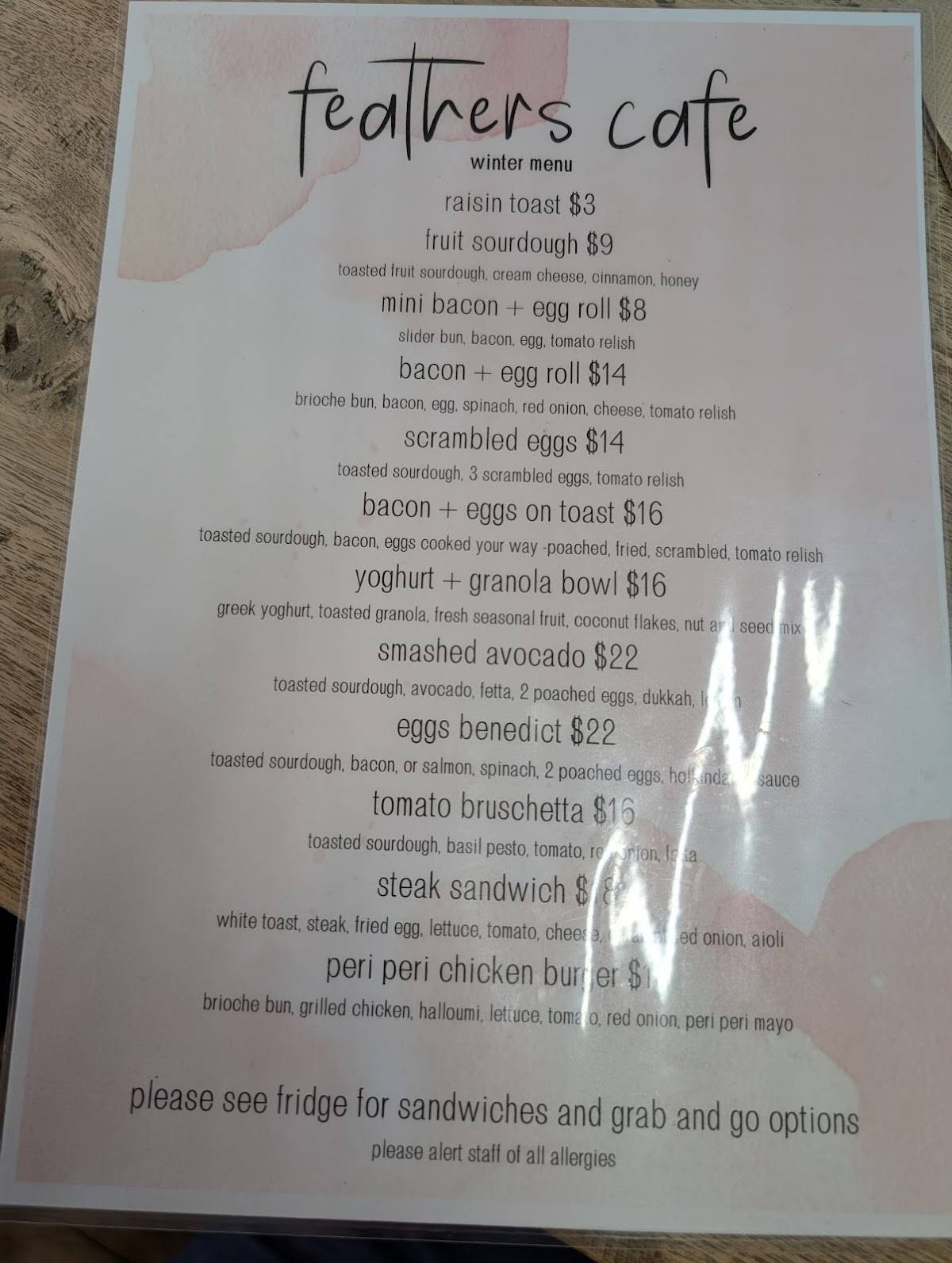 Menu at Feathers Cafe, Coonabarabran