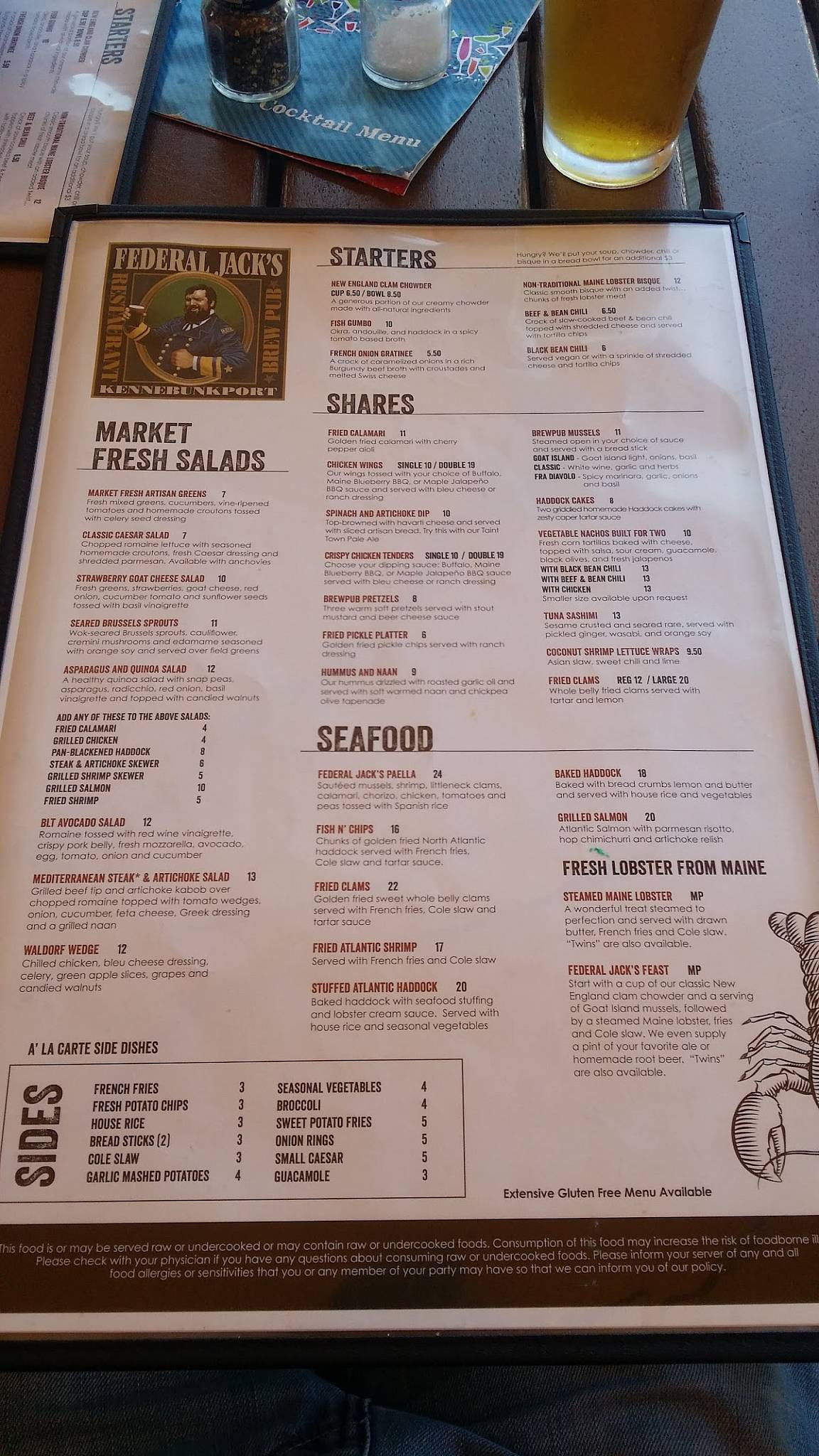 Menu at Federal Jack's restaurant, Kennebunk, 8 Western Ave