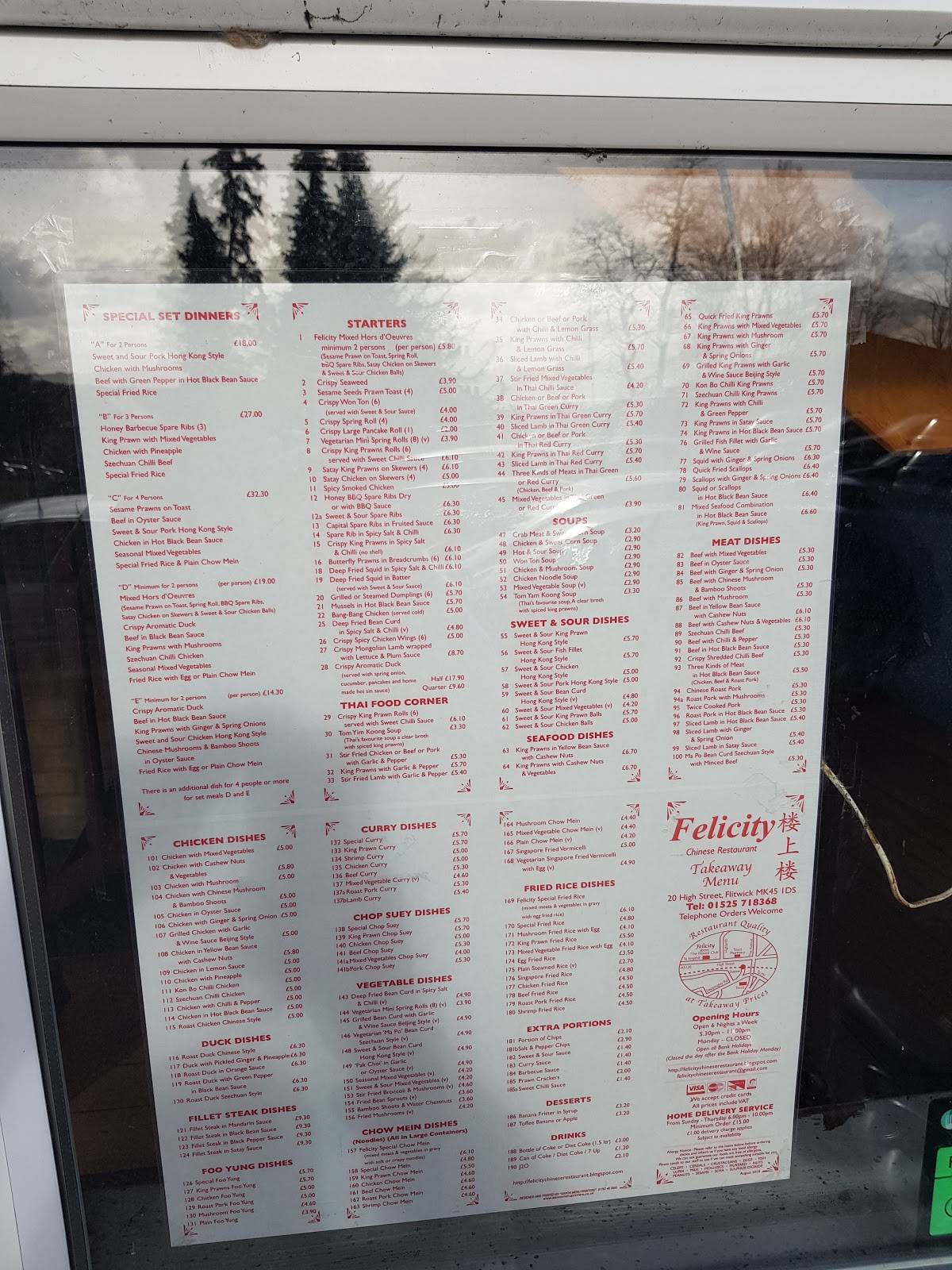 Menu at Felicity Chinese Restaurant, Westoning
