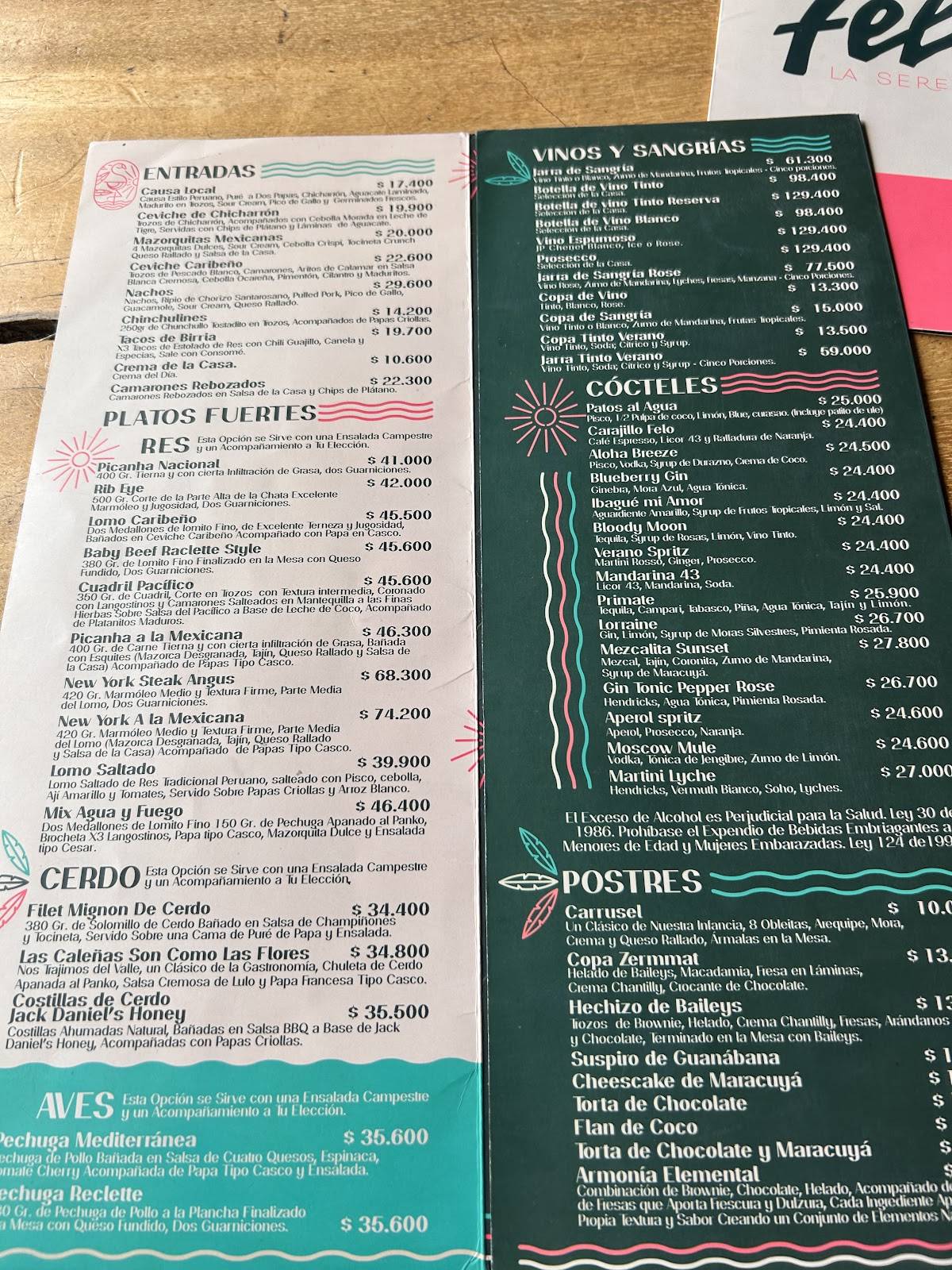 Carta del restaurante Felo La Serena, Ibagué
