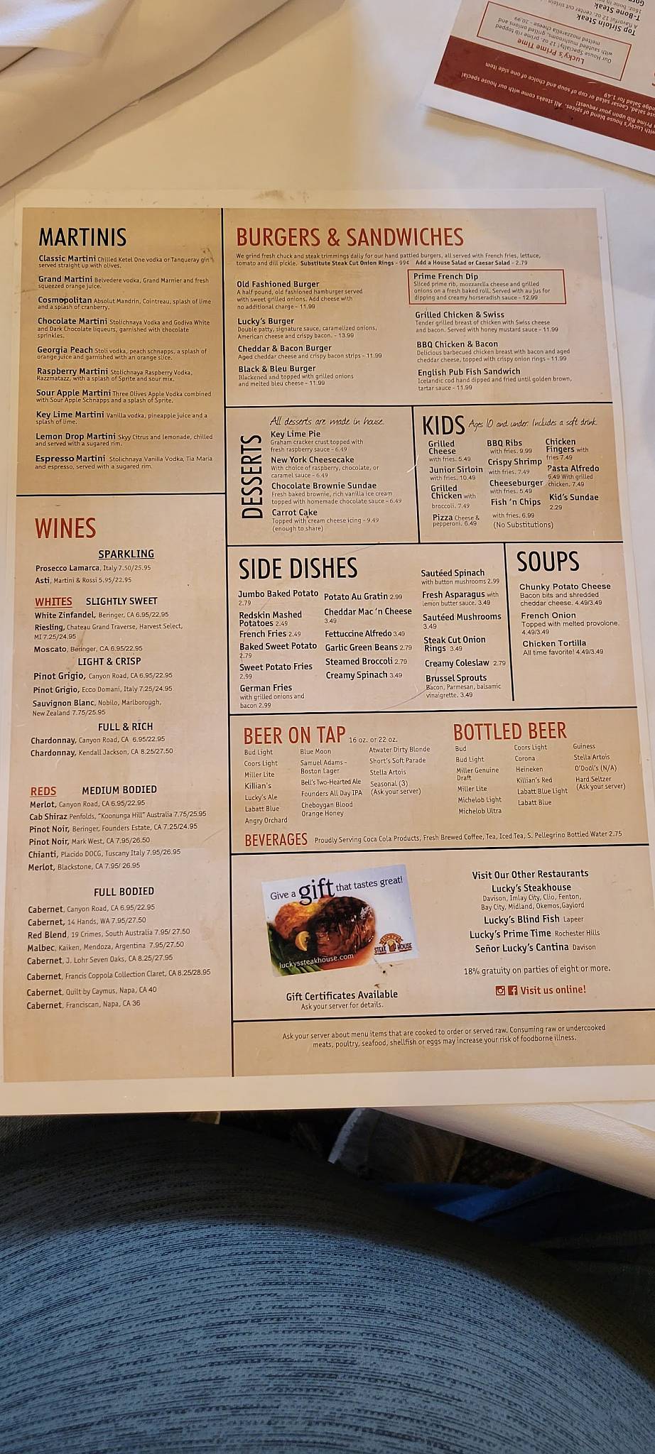 Menu at Lucky's Steakhouse, Fenton