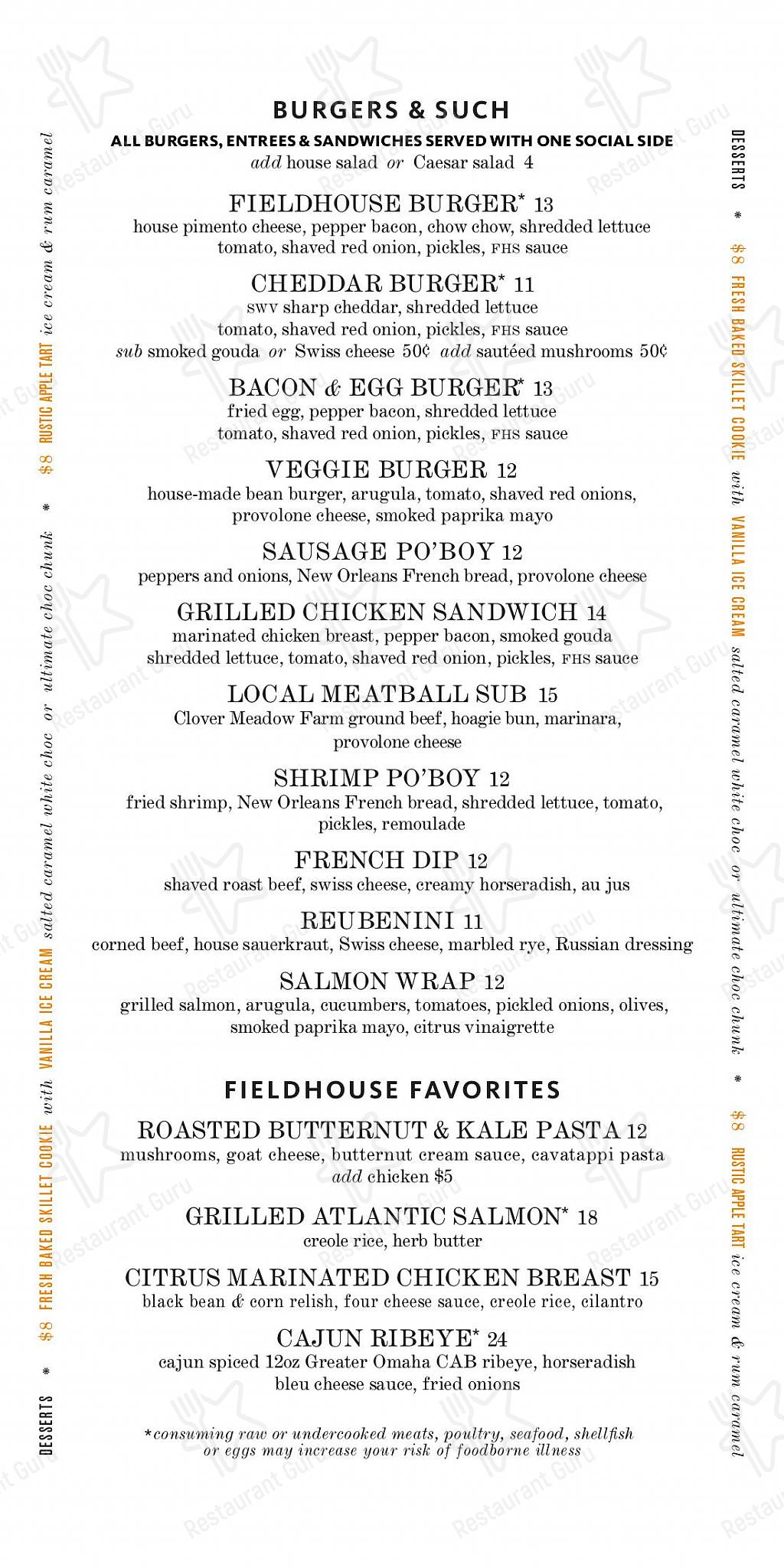 Menu at Fieldhouse Social pub & bar, Knoxville