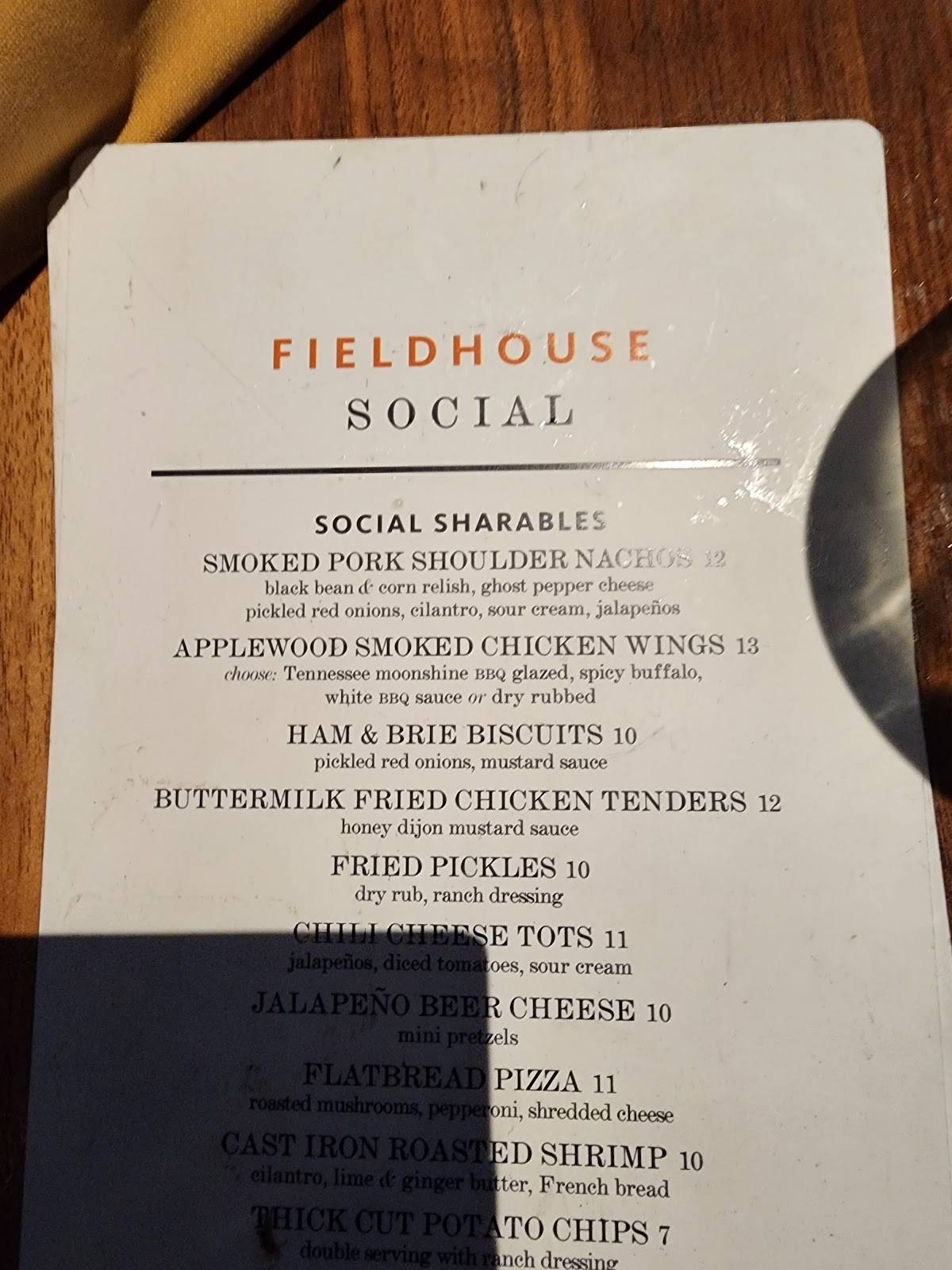 Menu at Fieldhouse Social pub & bar, Knoxville