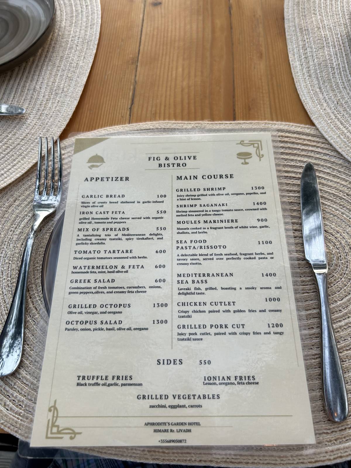 Menu at Fig and Olive restaurant, Himarë