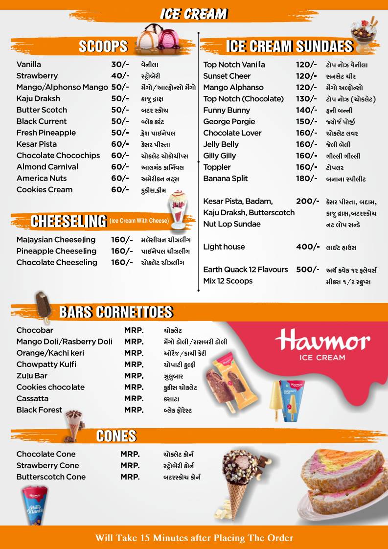 Menu at Fill In Fast Food, Chinese and Ice Cream Parlour, Rajkot