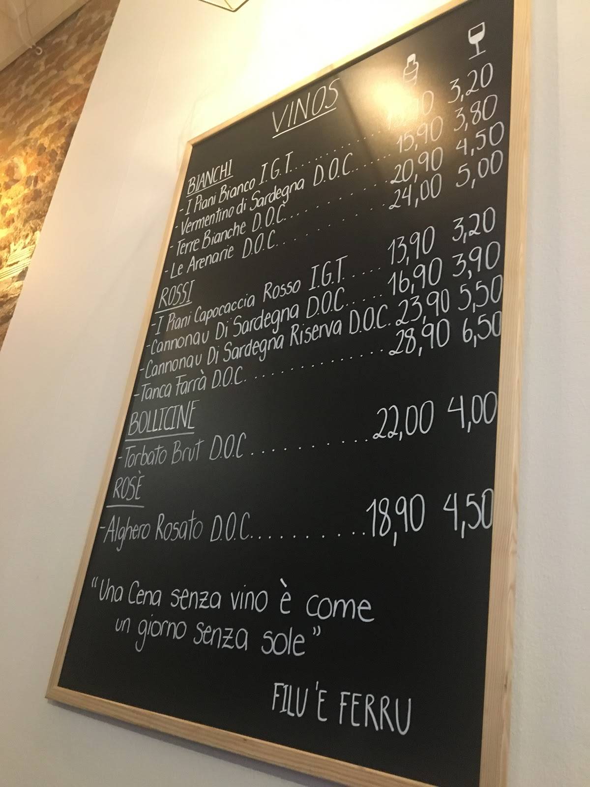 Carta de Filu 'e Ferru Restaurante tradicional de Cerdeña, Madrid