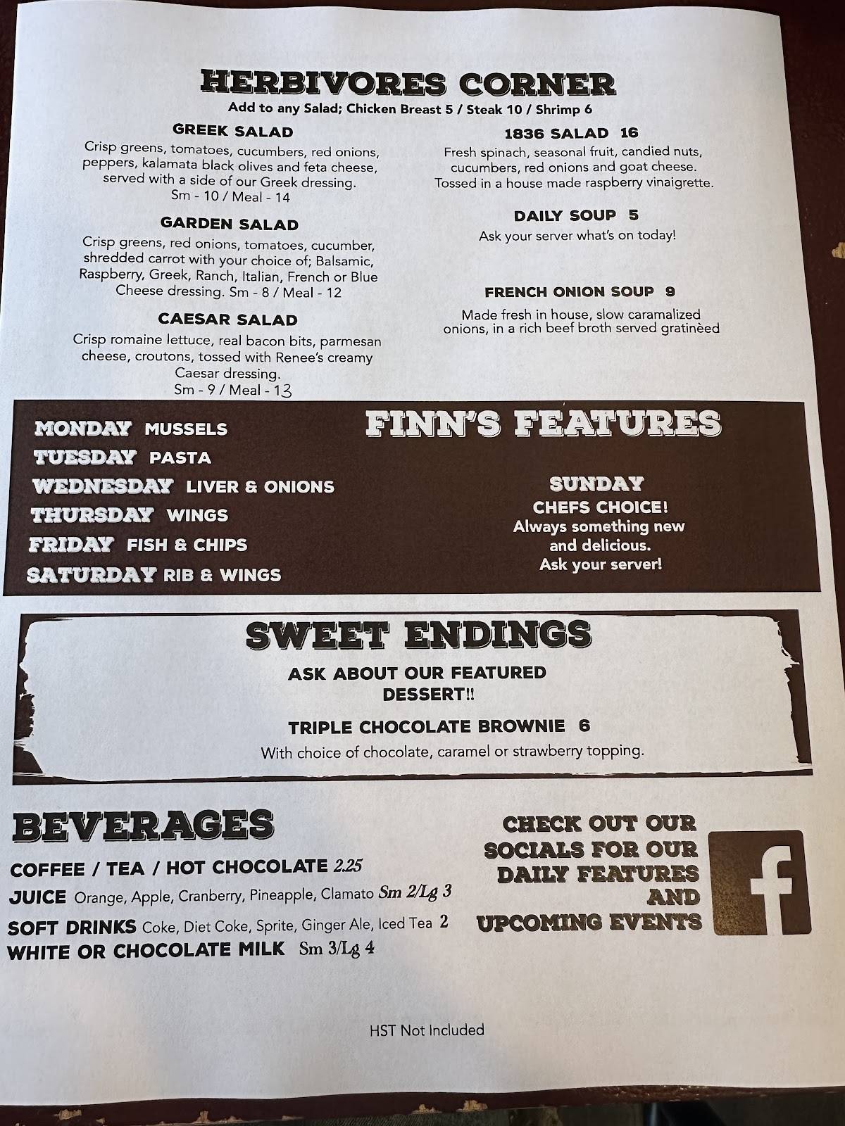 Menu at Finn’s Pub, Madoc
