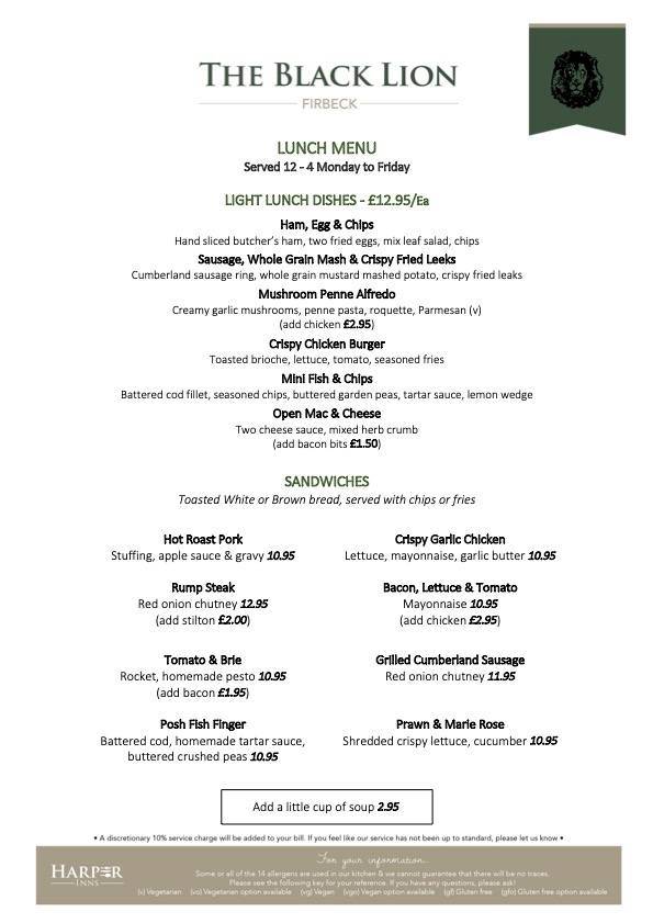 Menu at The Black Lion Inn pub & bar, Firbeck, 9 New Rd