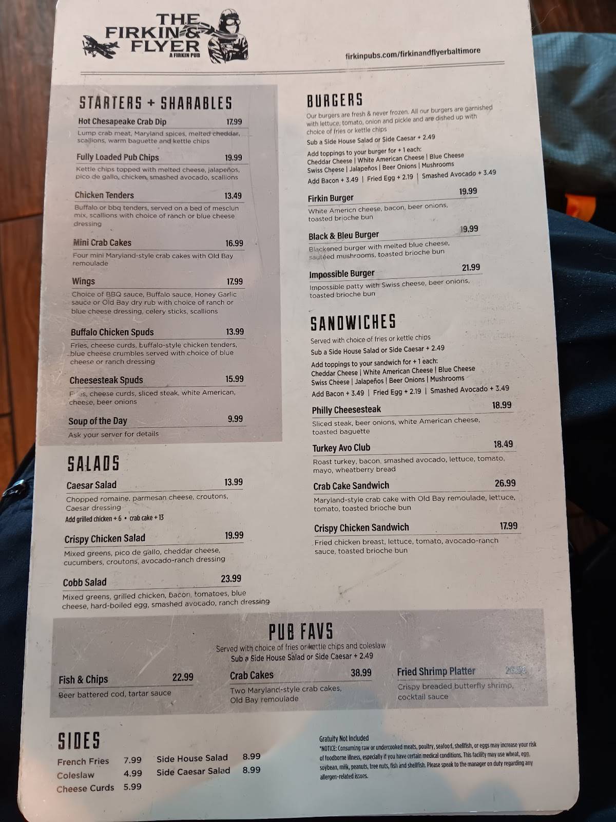 Menu at Firkin & Flyer pub & bar, Baltimore