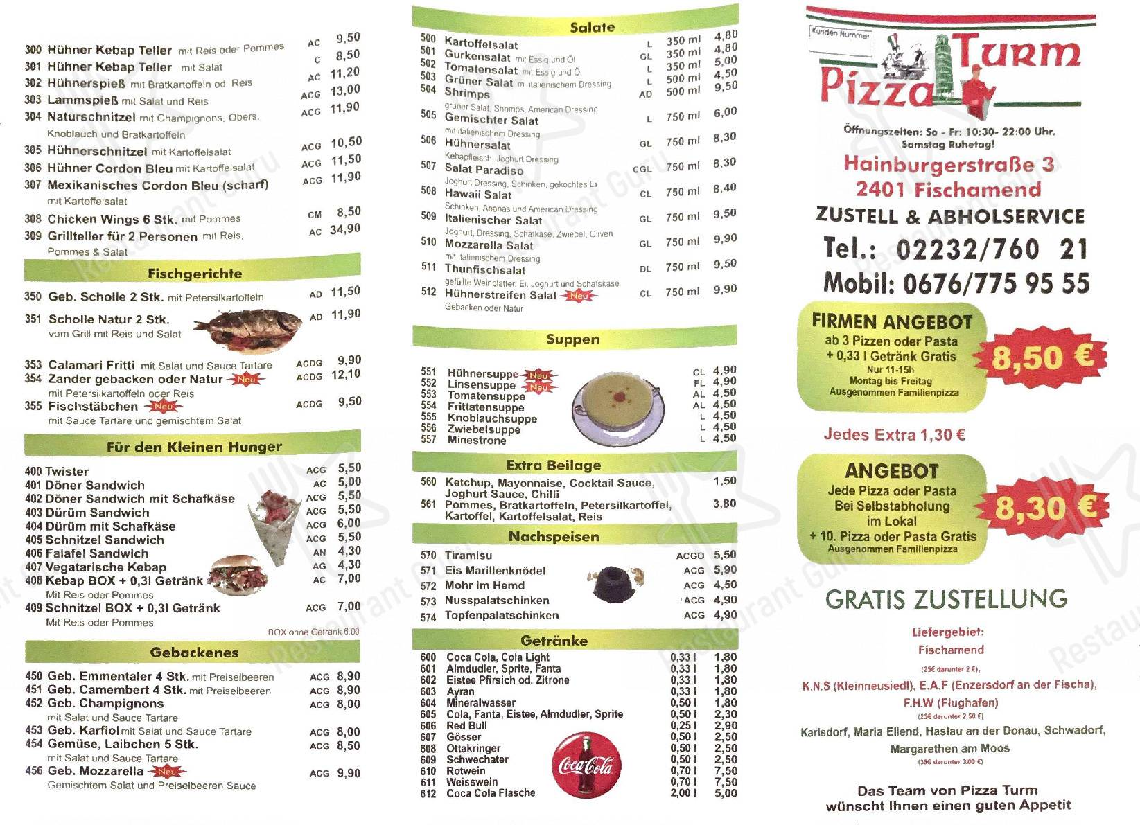 Speisekarte von Pizza Turm, Fischamend