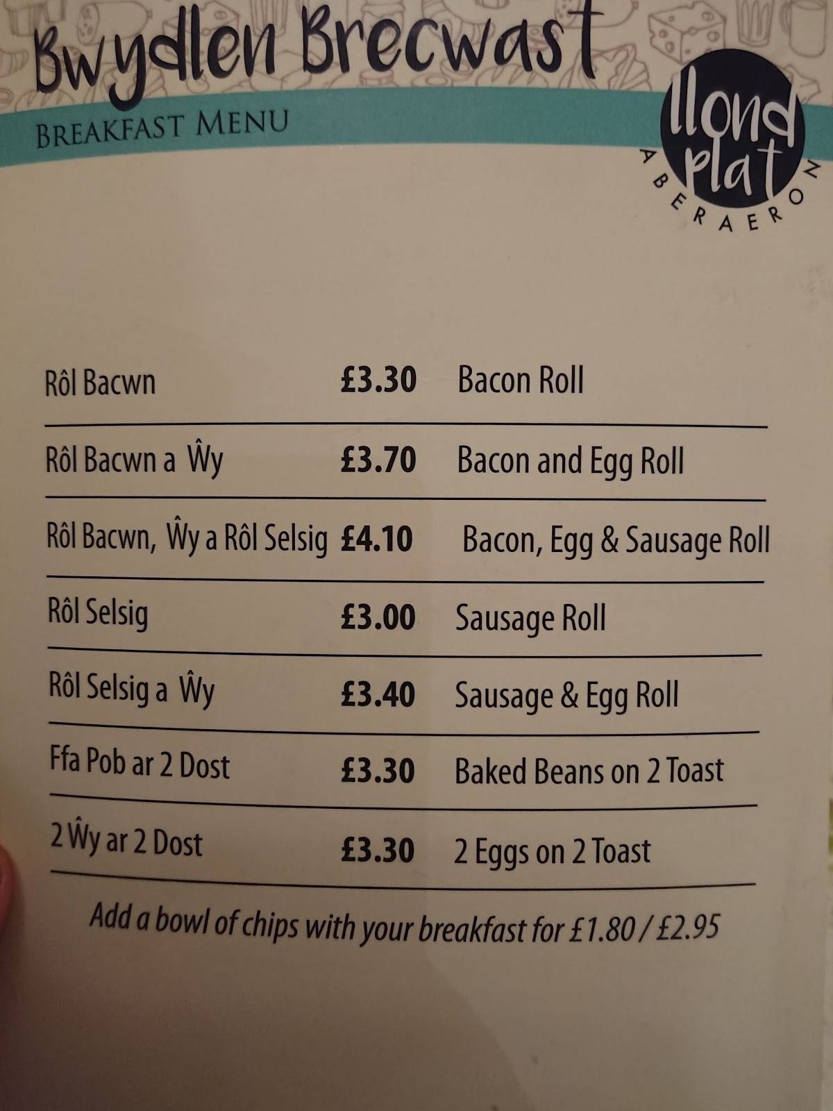 Menu at Fish & Chips Aberaeron Llond Plât cafe, Aberaeron