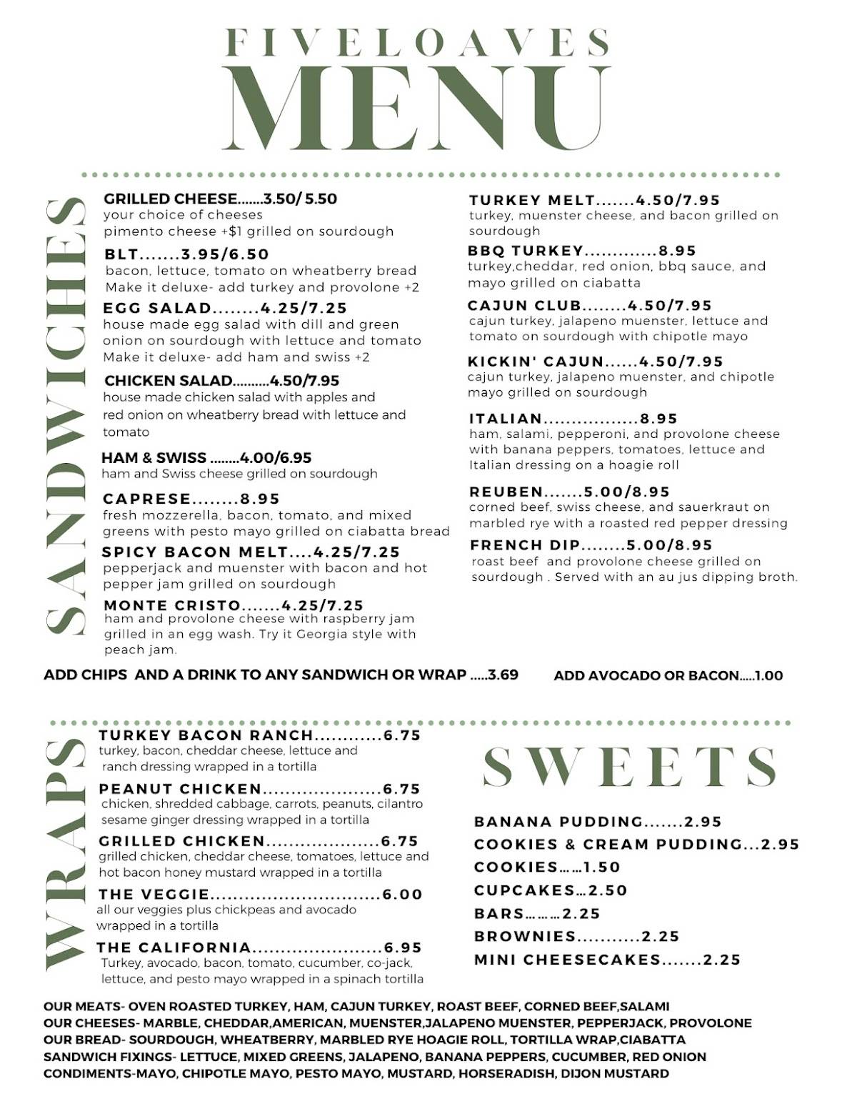 Menu at Five Loaves cafe, Monticello
