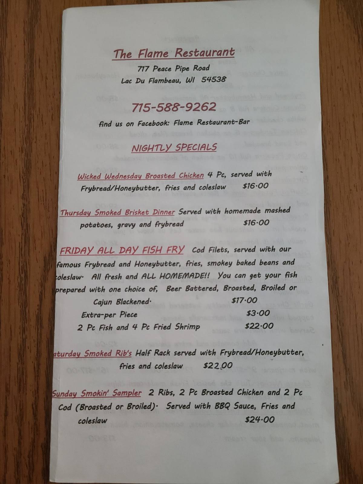 Menu at Flame Restaurant, Lac du Flambeau