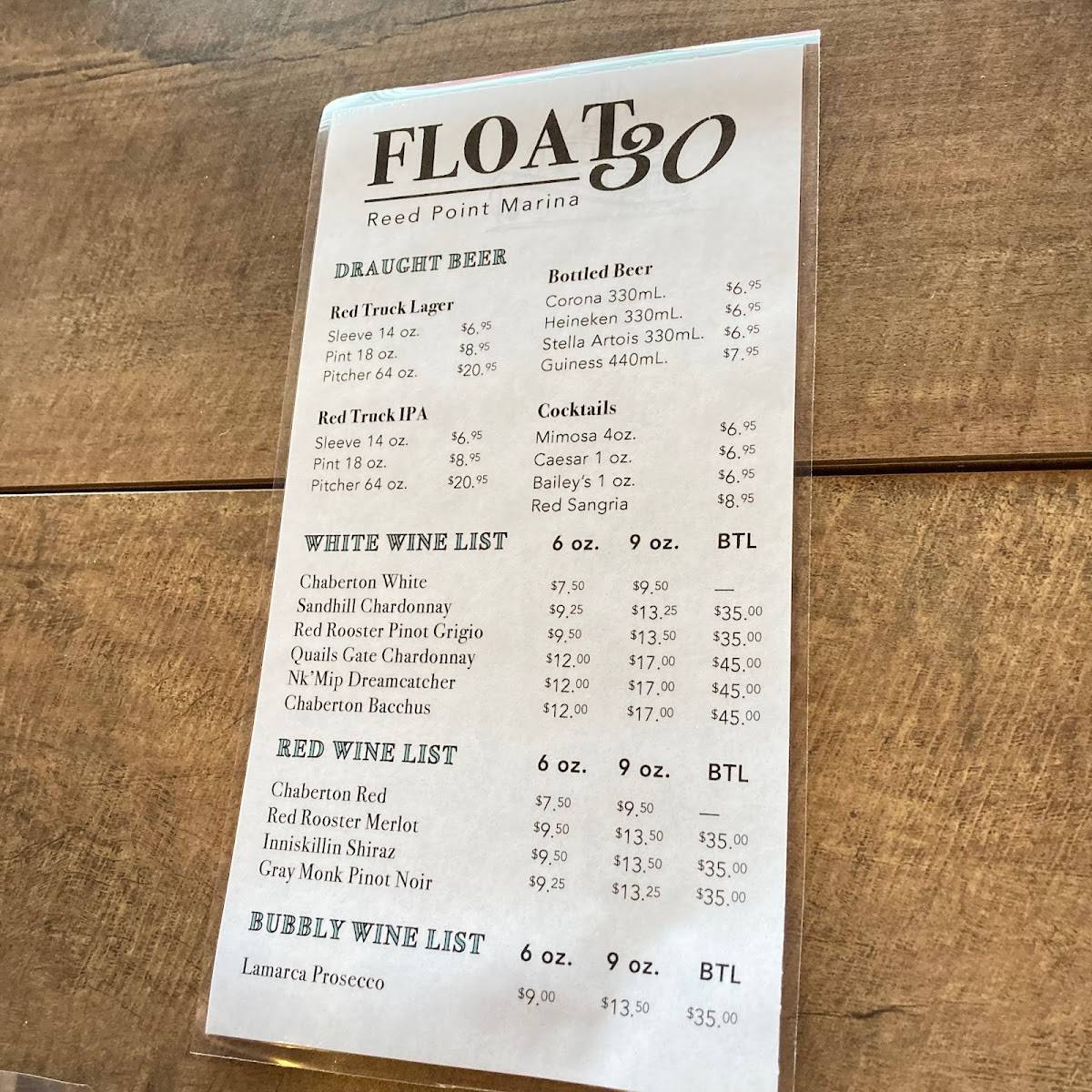 Menu at Float 30 restaurant, Port Moody