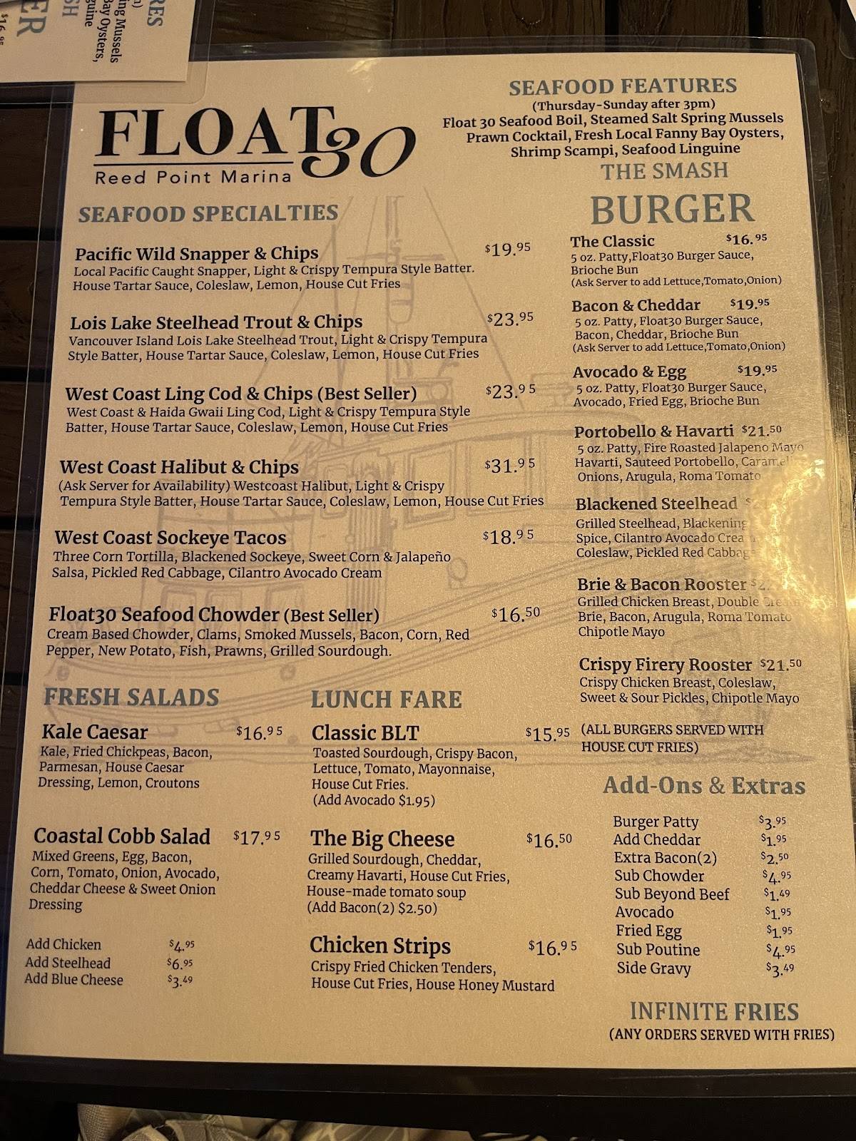 Menu at Float 30 restaurant, Port Moody