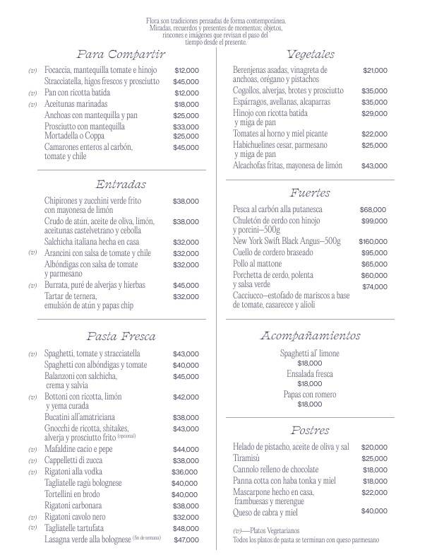 Carta de Flora - Restaurante Italiano, Bogotá, Cra. 5 #58 - 45