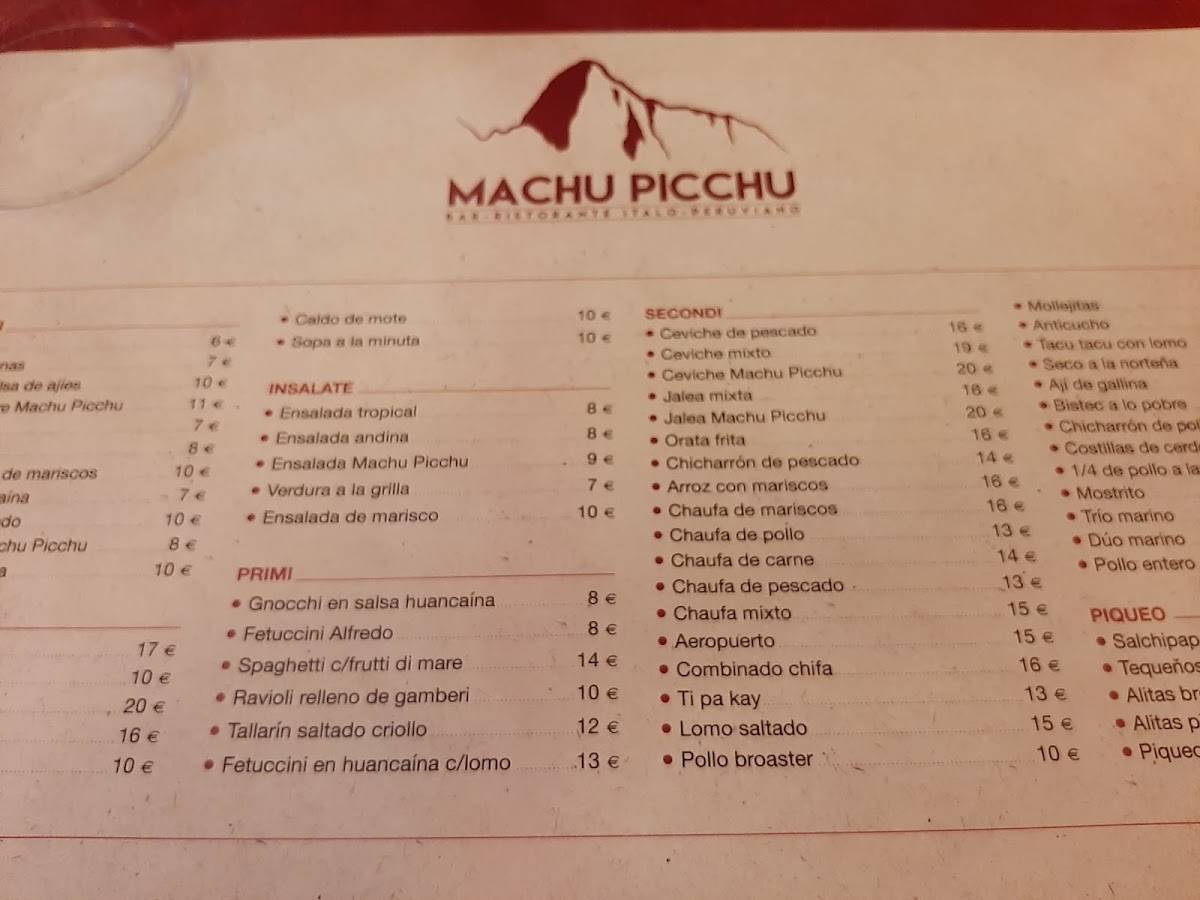 Menu at Machu Picchu Ristorante Italo Peruviano, Florence, Via del ...