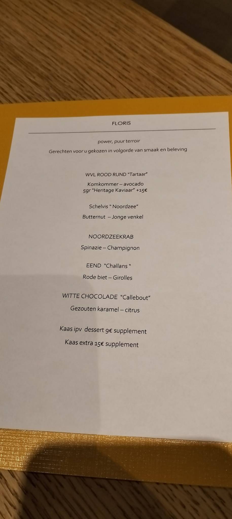 Menu at Floris, Bruges