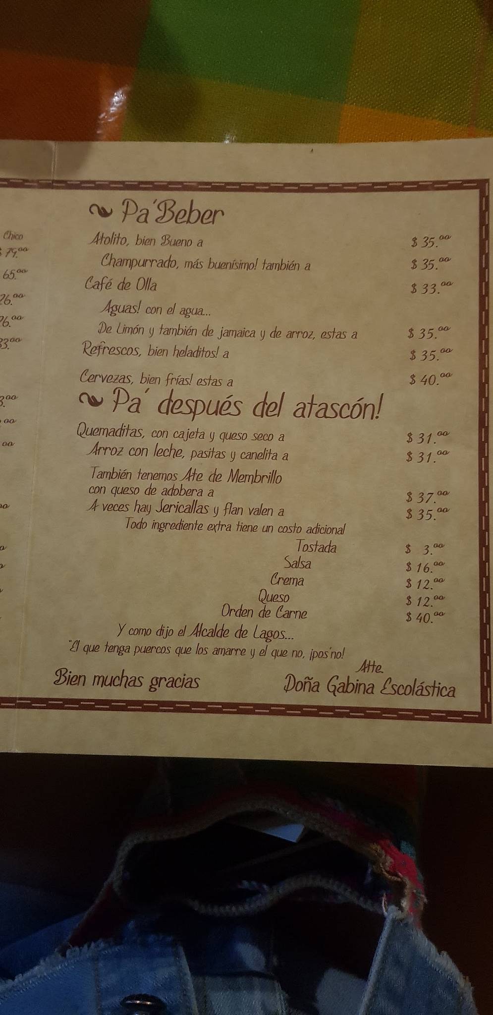 Menu at Fonda Doña Gabina Escolástica restaurant, Zapopan, Javier Mina 237