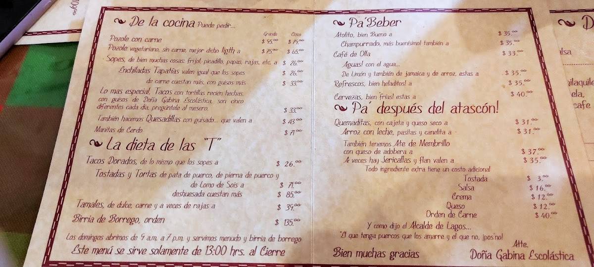 Menu at Fonda Doña Gabina Escolástica restaurant, Zapopan, Javier Mina 237