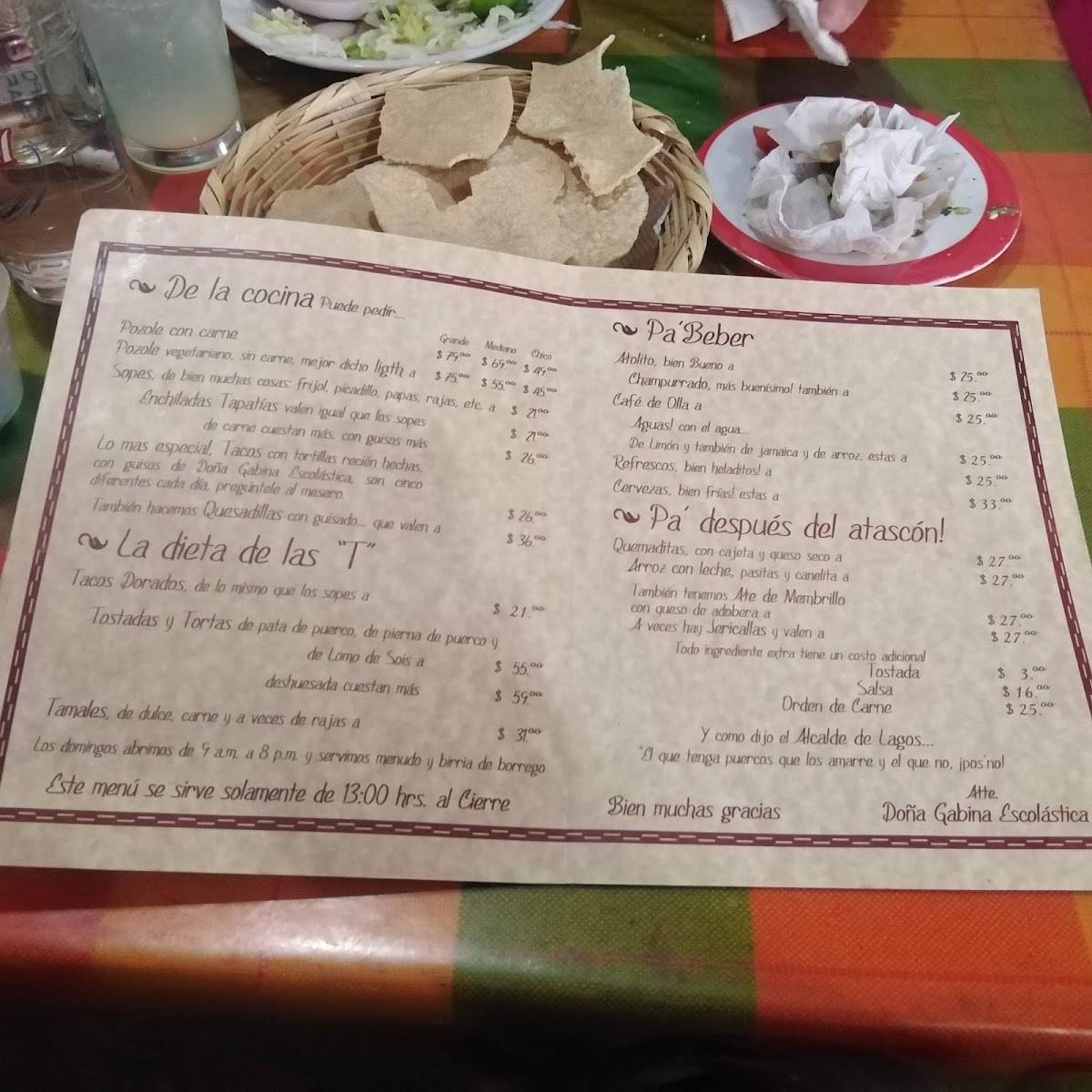 Menu at Fonda Doña Gabina Escolástica restaurant, Zapopan, Javier Mina 237