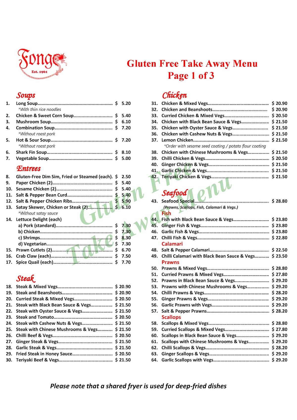 Menu at Fong's Chinese Restaurant, Bentleigh East