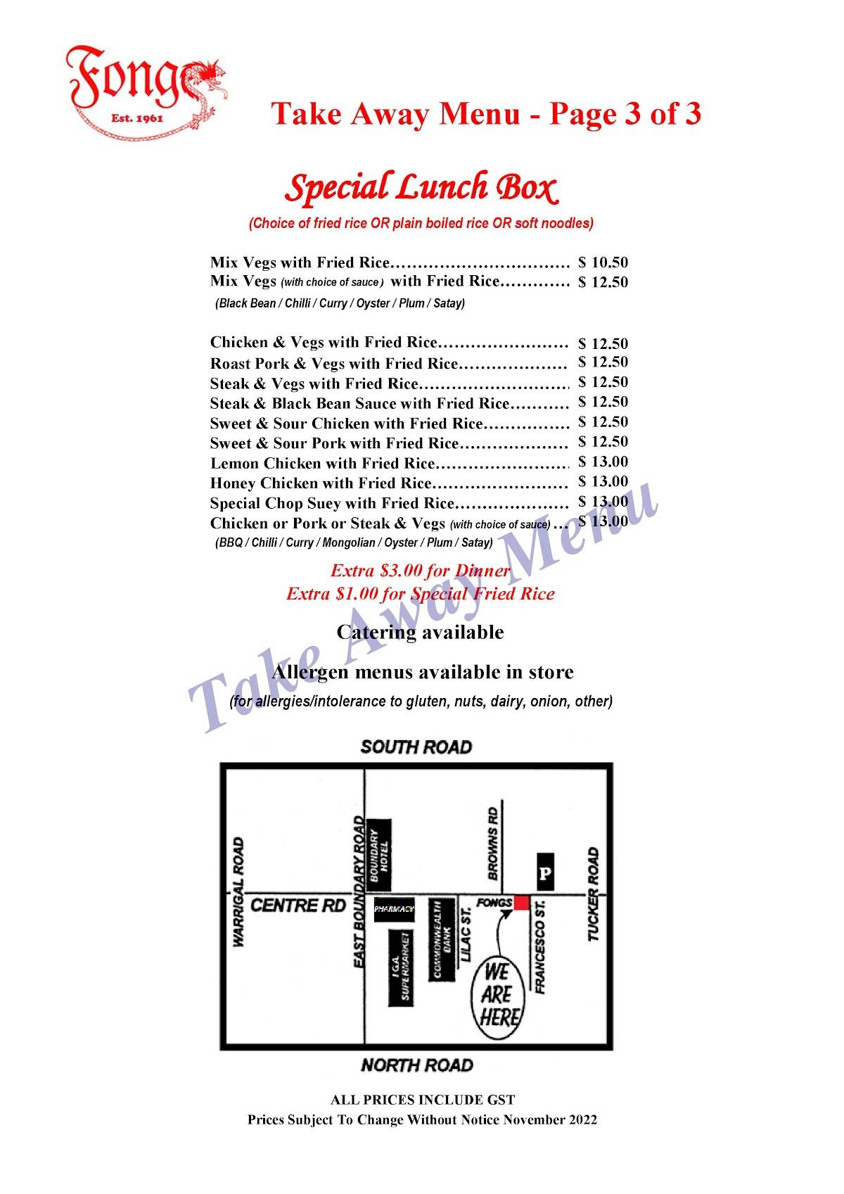 Menu at Fong's Chinese Restaurant, Bentleigh East