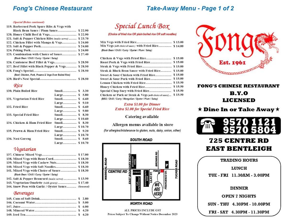 Menu at Fong's Chinese Restaurant, Bentleigh East