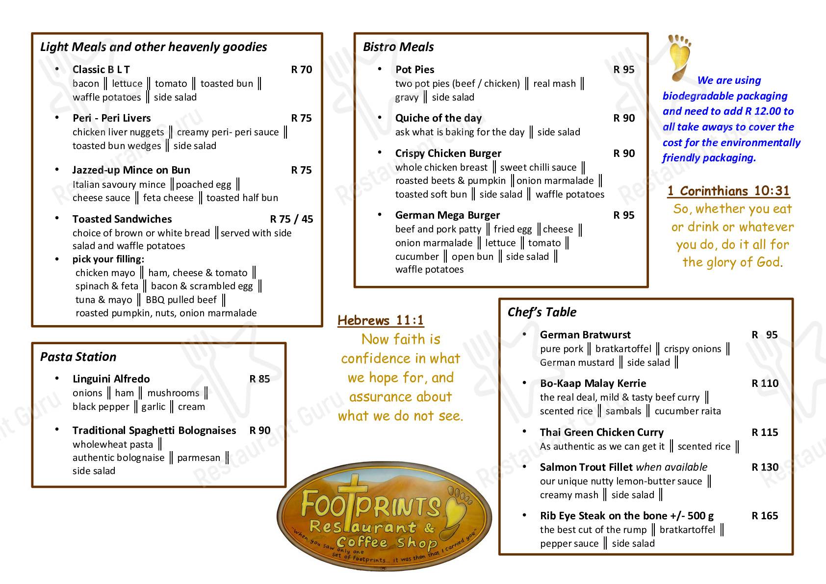 Menu au Footprints Restaurant and Coffee Shop, Vereeniging