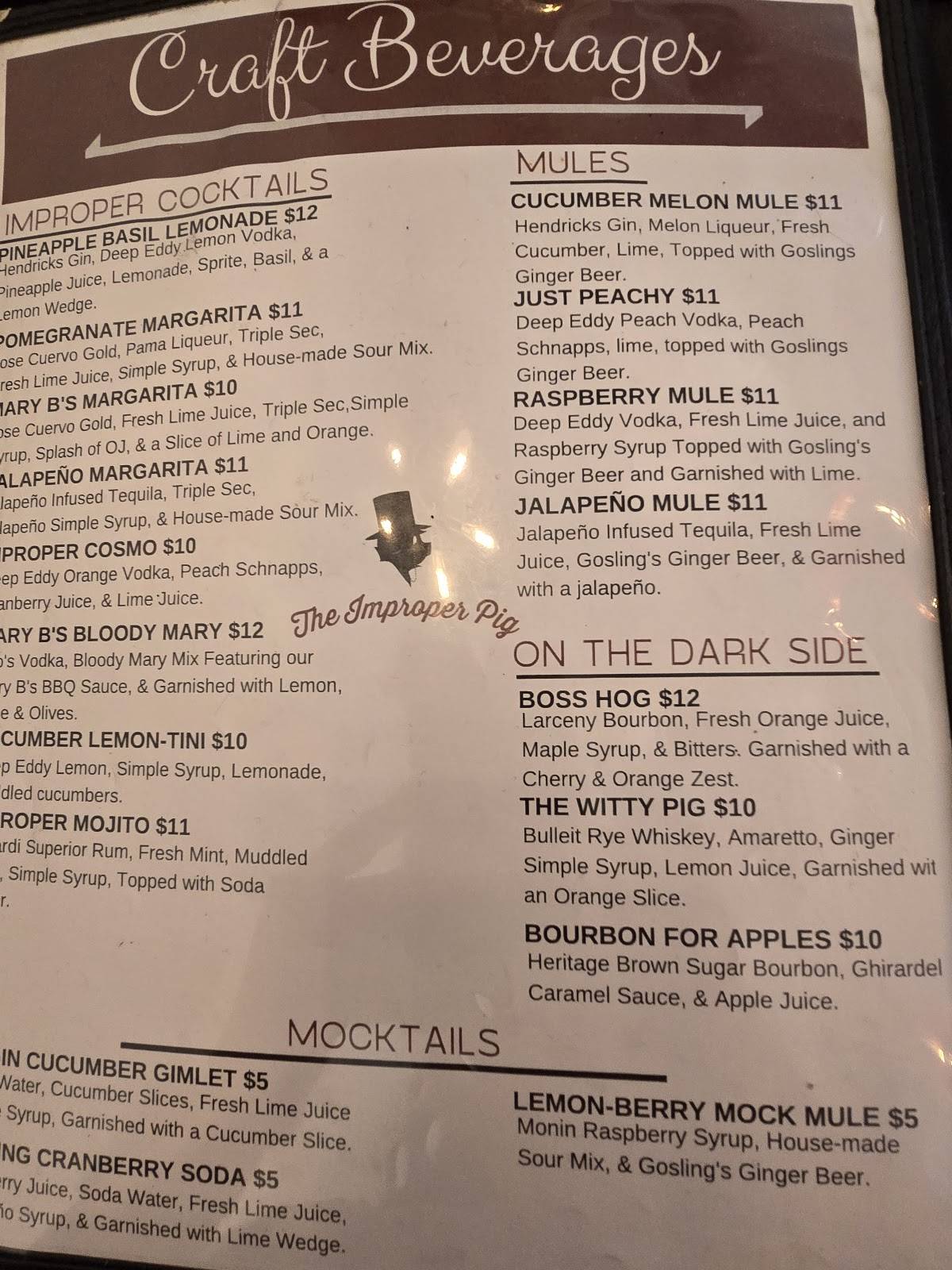 Menu at The Improper Pig @ Fort Mill BBQ, Fort Mill