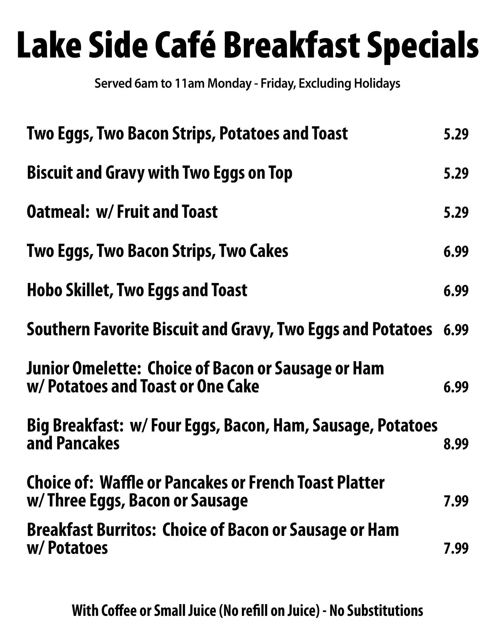 Menu at Lakeside Cafe, Fort Wayne, N Coliseum Blvd