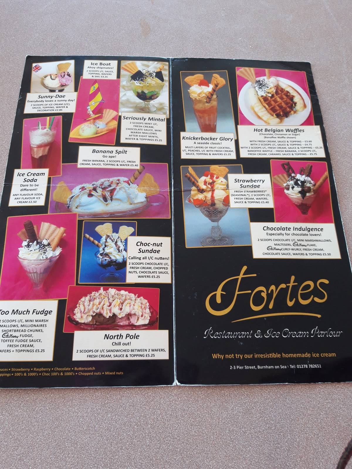 Menu at Fortes Cafe & Ice Cream Parlour, Burnham-on-Sea