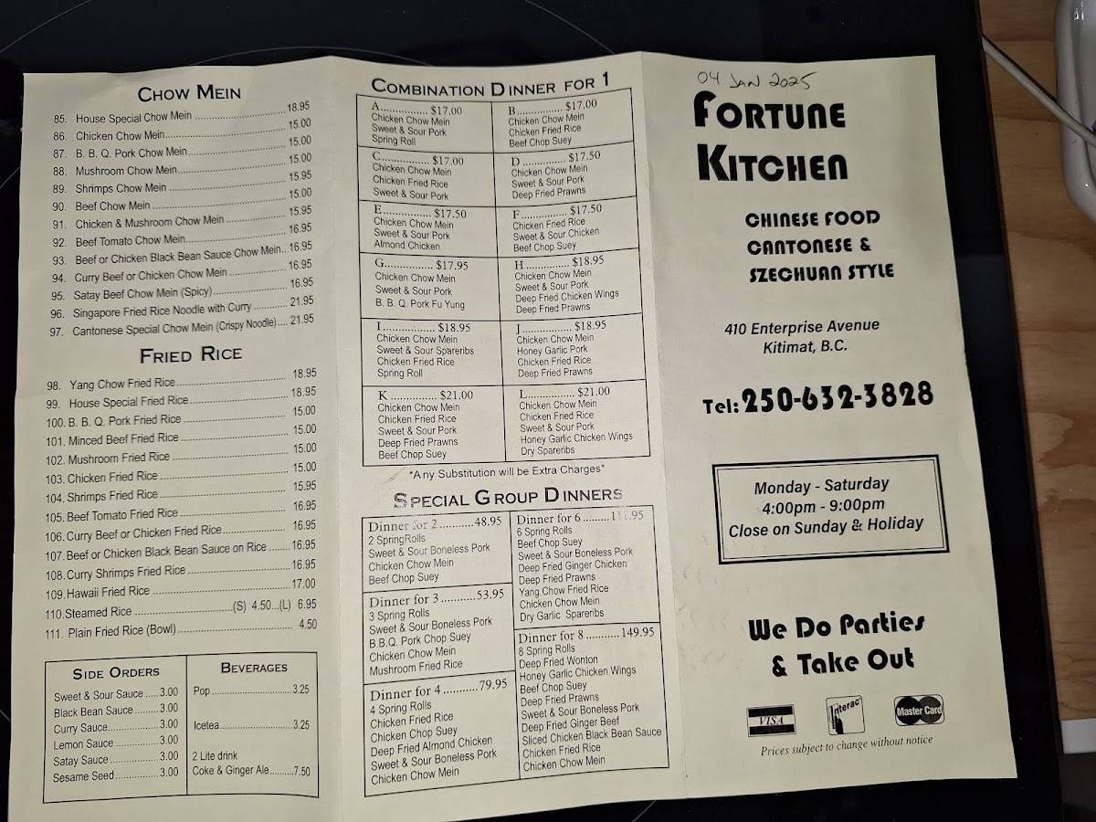 Menu at Fortune Kitchen restaurant, Kitimat