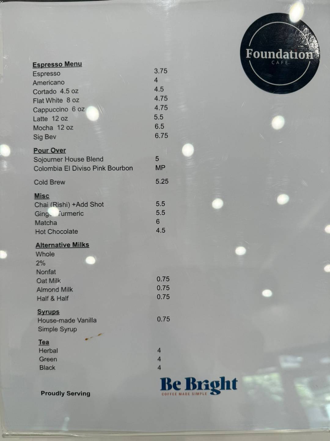 Menu at Foundation Cafe, Los Angeles