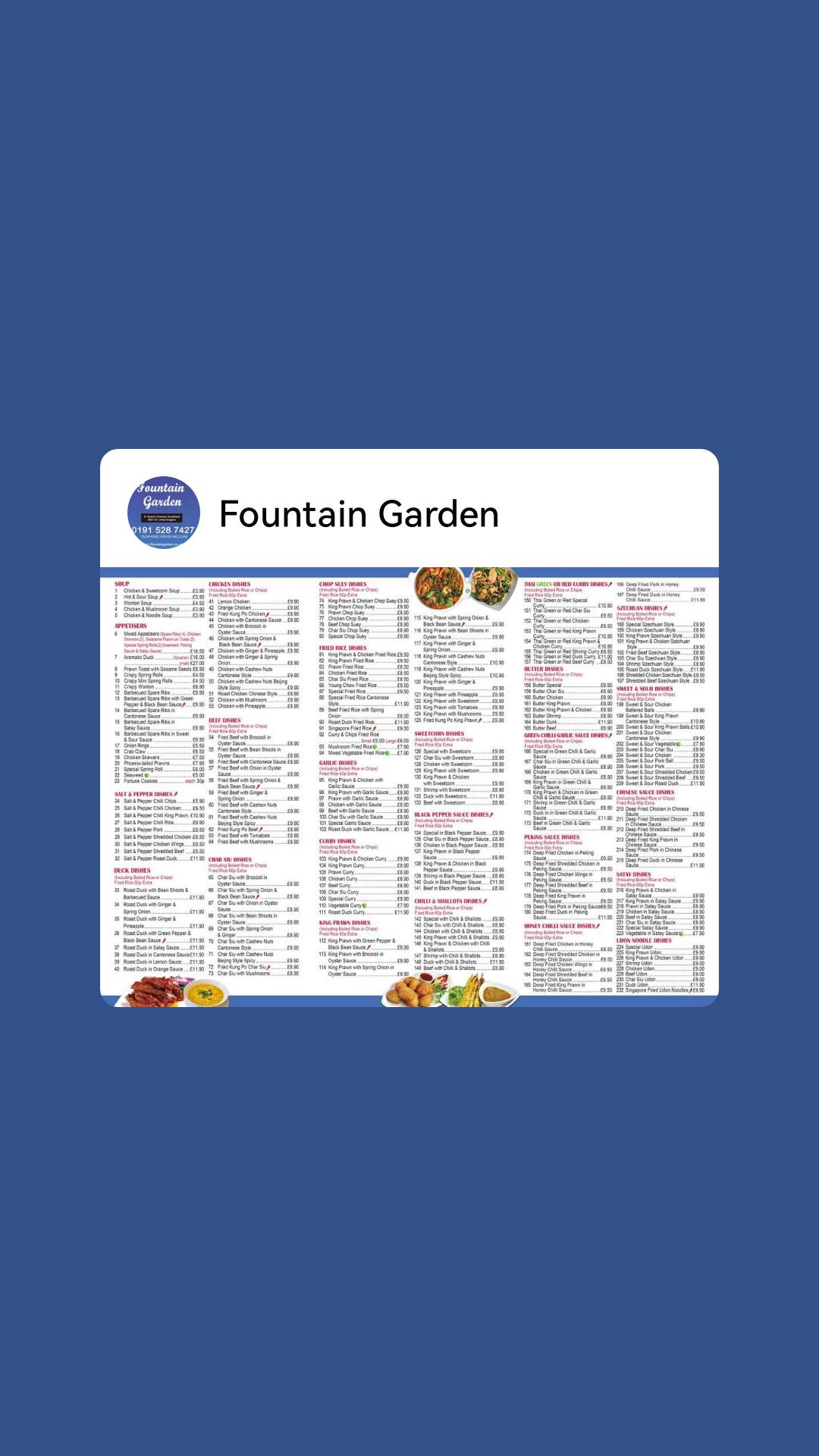 Menu at Fountain Garden fast food, Sunderland