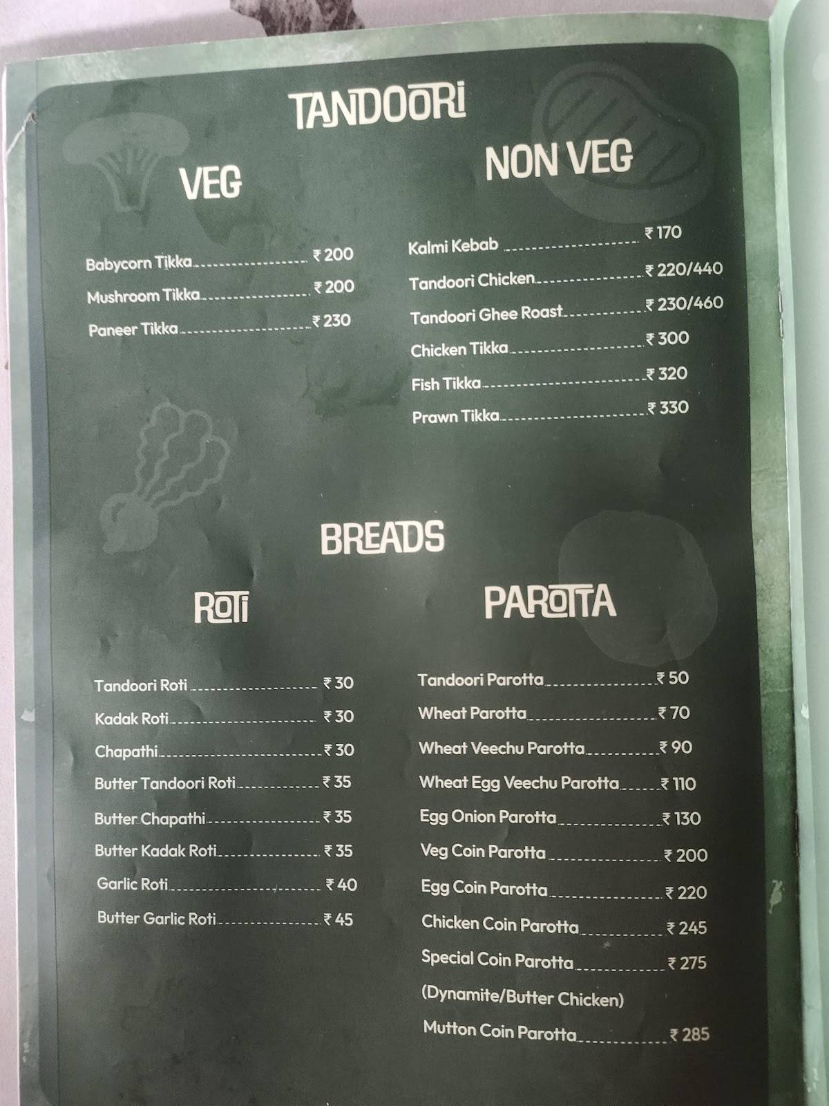 Menu at Four Monkeys Club, Tiruppur
