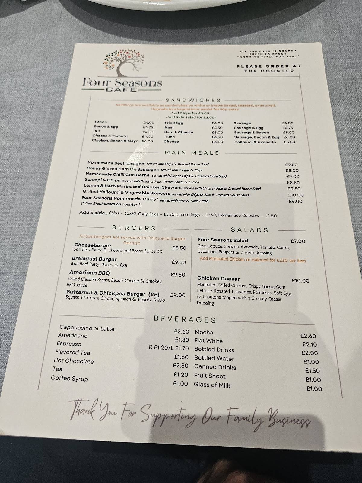 Menu at Four Seasons Café cafe, Stevenage