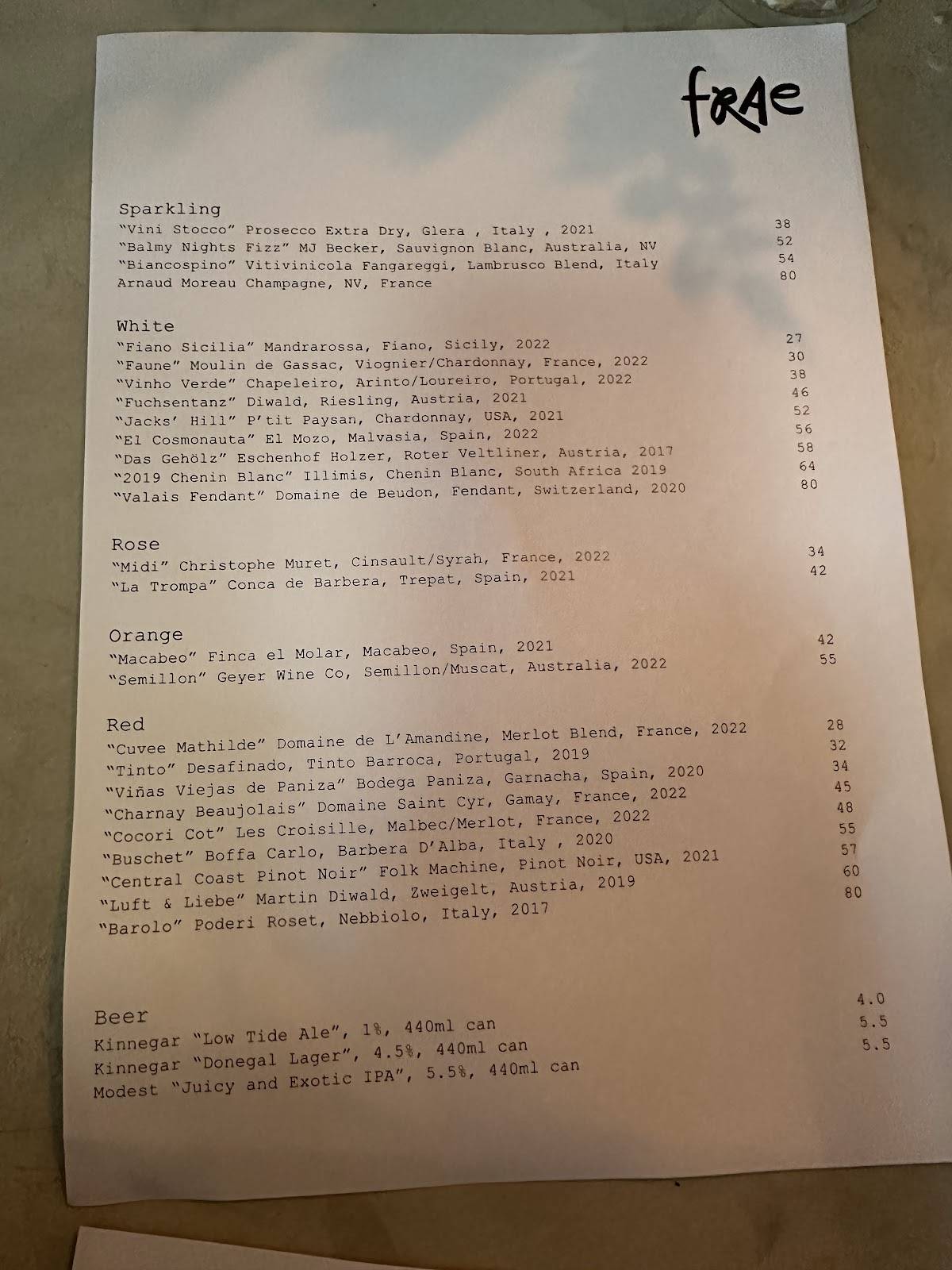 Menu at Frae restaurant, Holywood