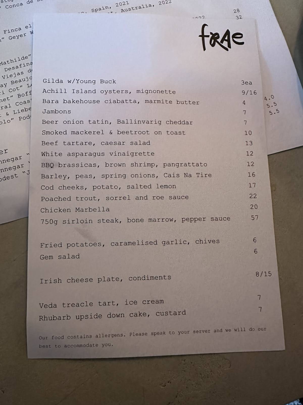 Menu at Frae restaurant, Holywood