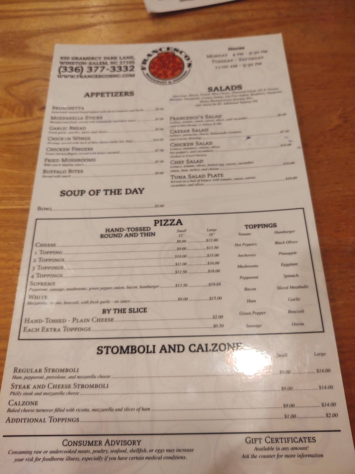 Menu at Francesco's Pizza Italian pizzeria, Winston-Salem, 930 Gramercy ...