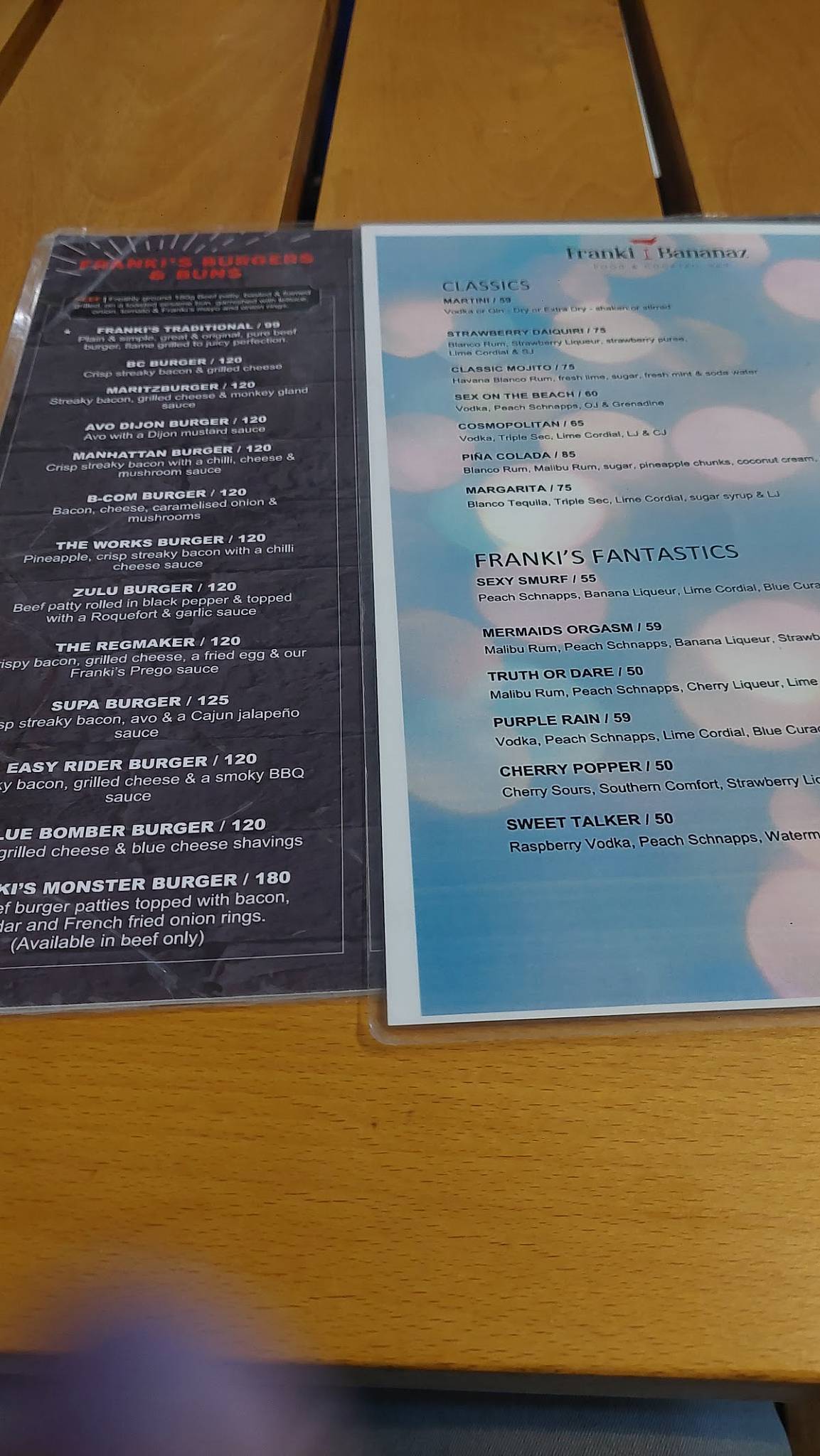 Menu at Franki Bananaz restaurant, Pietermaritzburg, Shop 1C