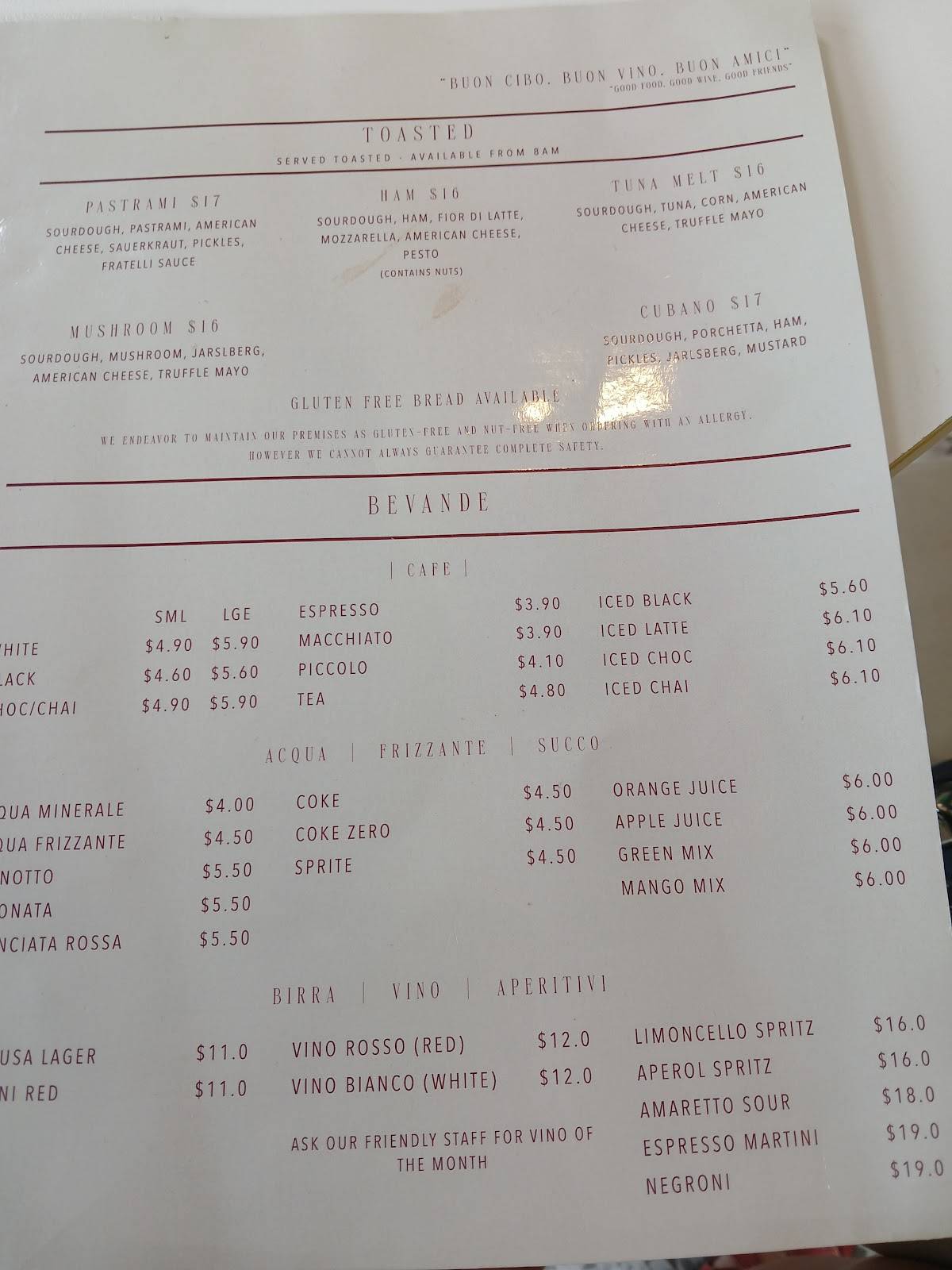 Menu at Fratelli Italian Deli restaurant, Prospect