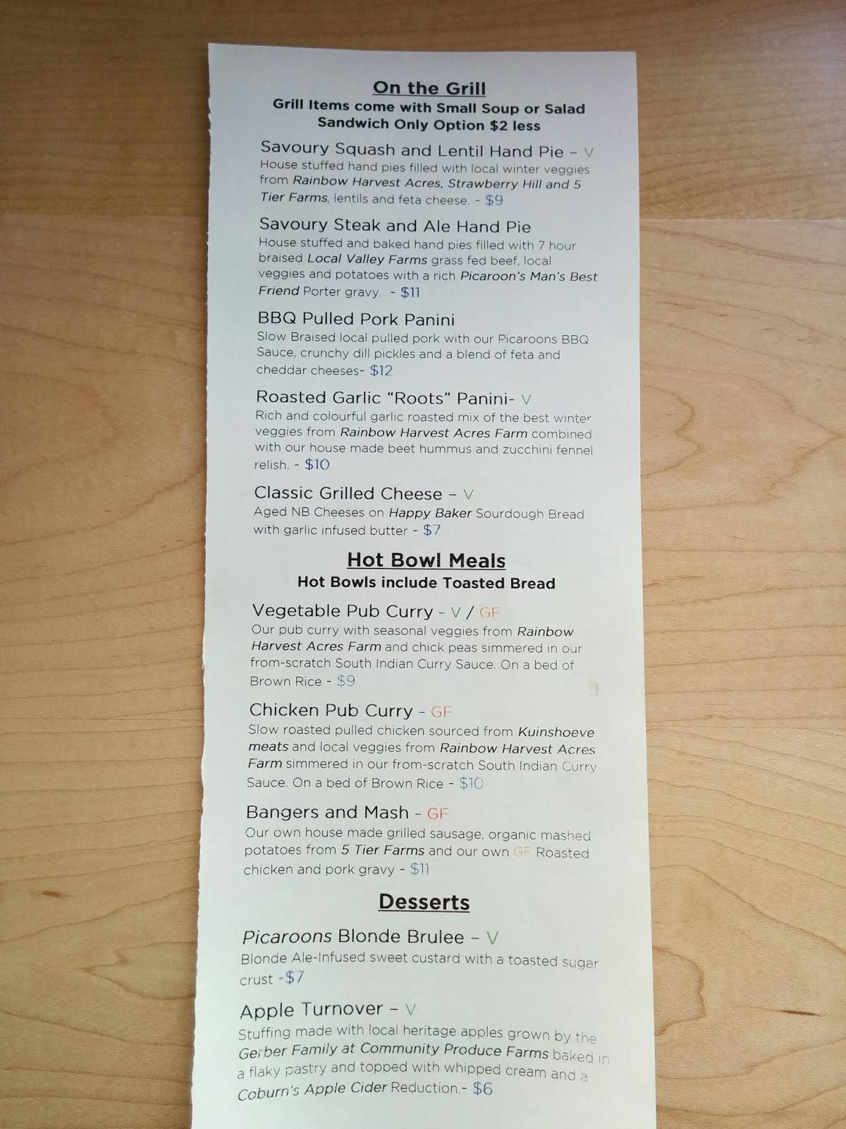 Menu at The Picaroons Roundhouse pub & bar, Fredericton