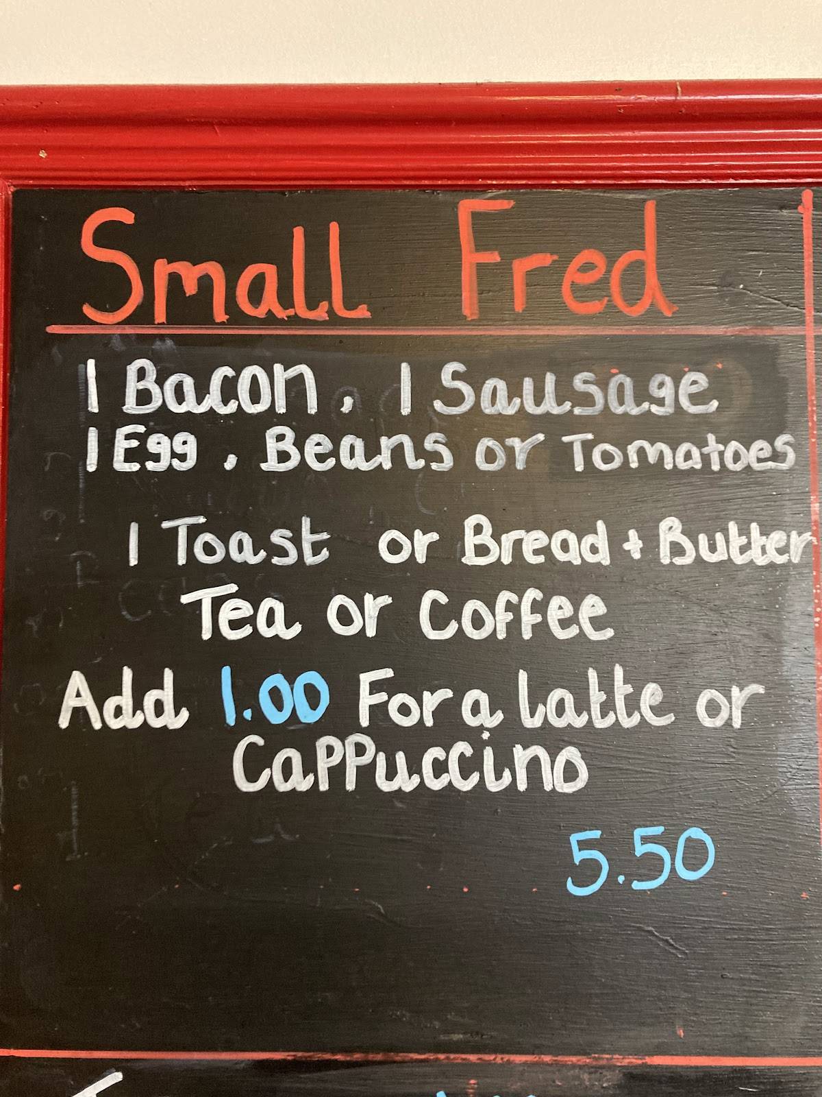 Menu at Fred's Cafe, Macclesfield