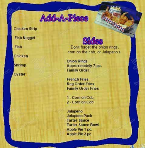 Menu at Fred's Fish Fry restaurant, San Antonio, Bandera Rd