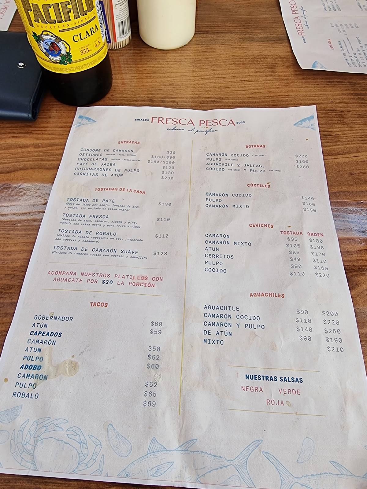 Menu at Fresca Pesca restaurant, Culiacán
