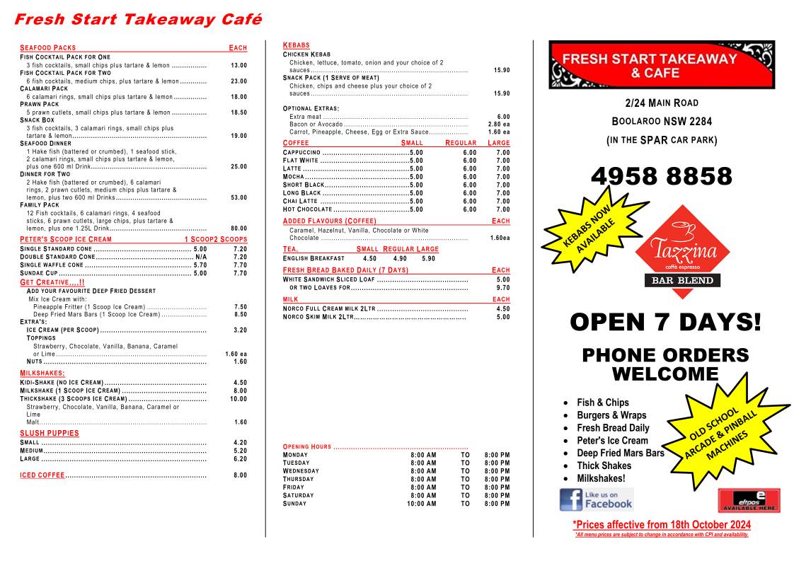 Menu at Fresh Start Takeaway restaurant, Boolaroo