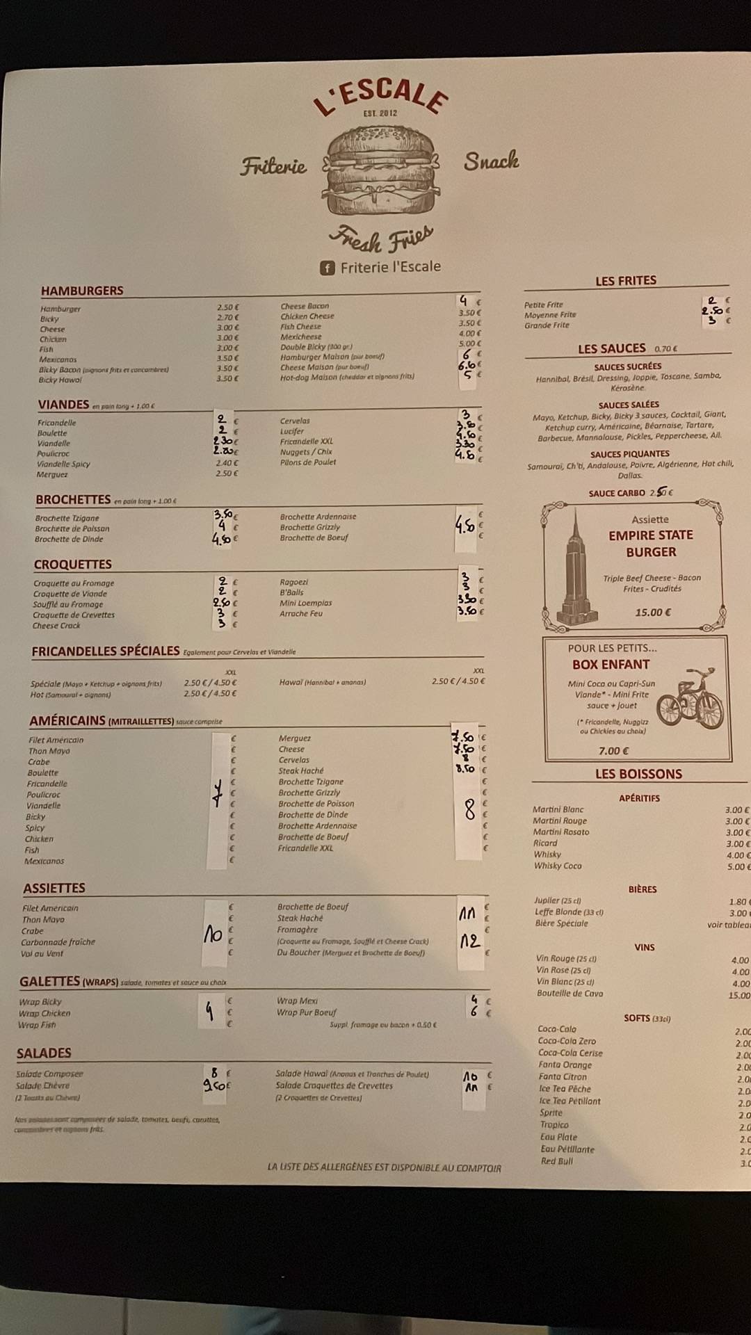 Menu au Friterie L'Escale, Mouscron